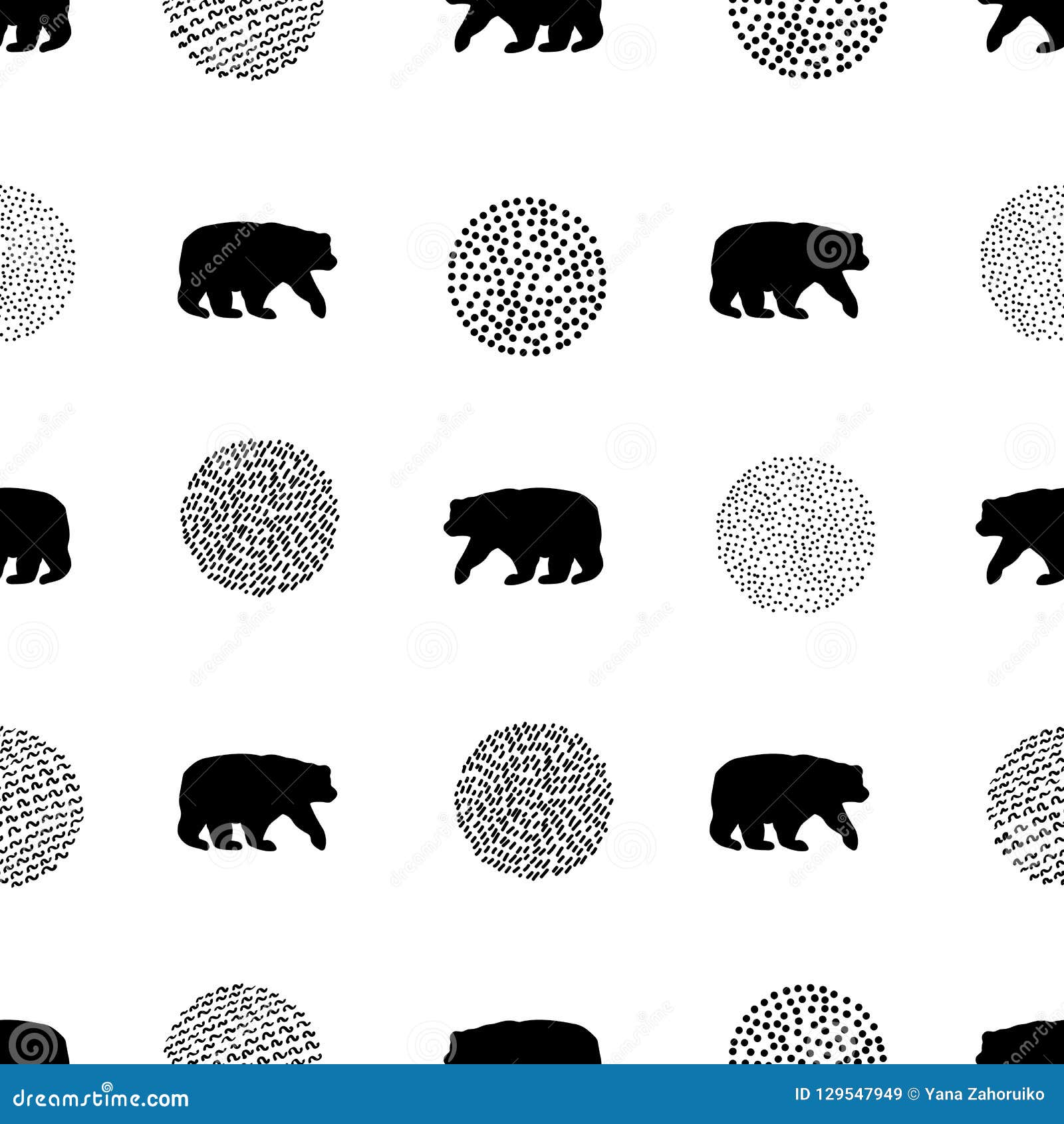 Seamless Pattern with Black Bears and Circles on the White Background ...