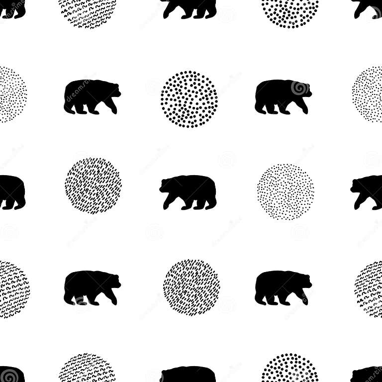 Seamless Pattern with Black Bears and Circles on the White Background ...