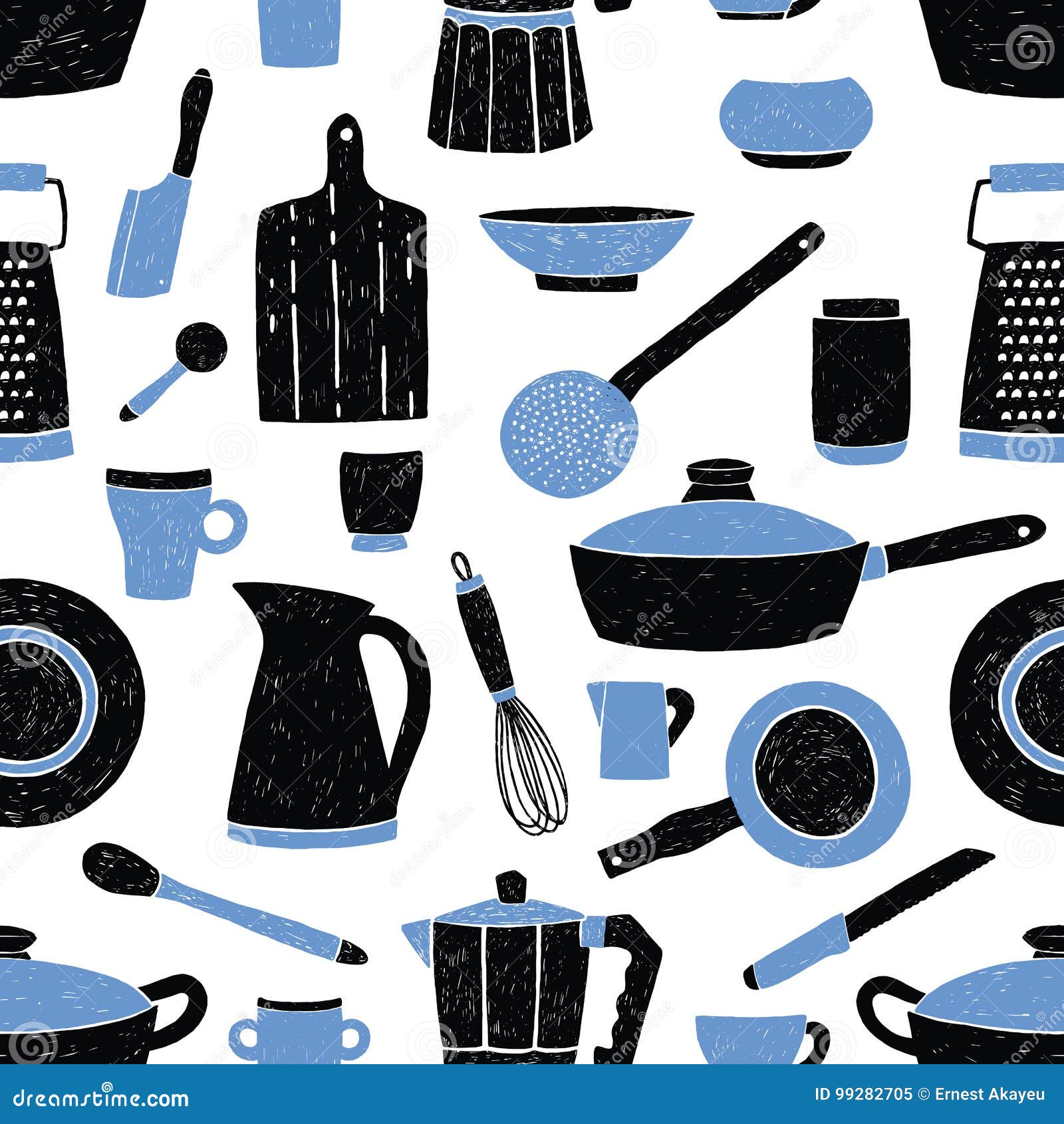 Seamless Pattern with Black and Blue Kitchen Utensils, Tableware ...