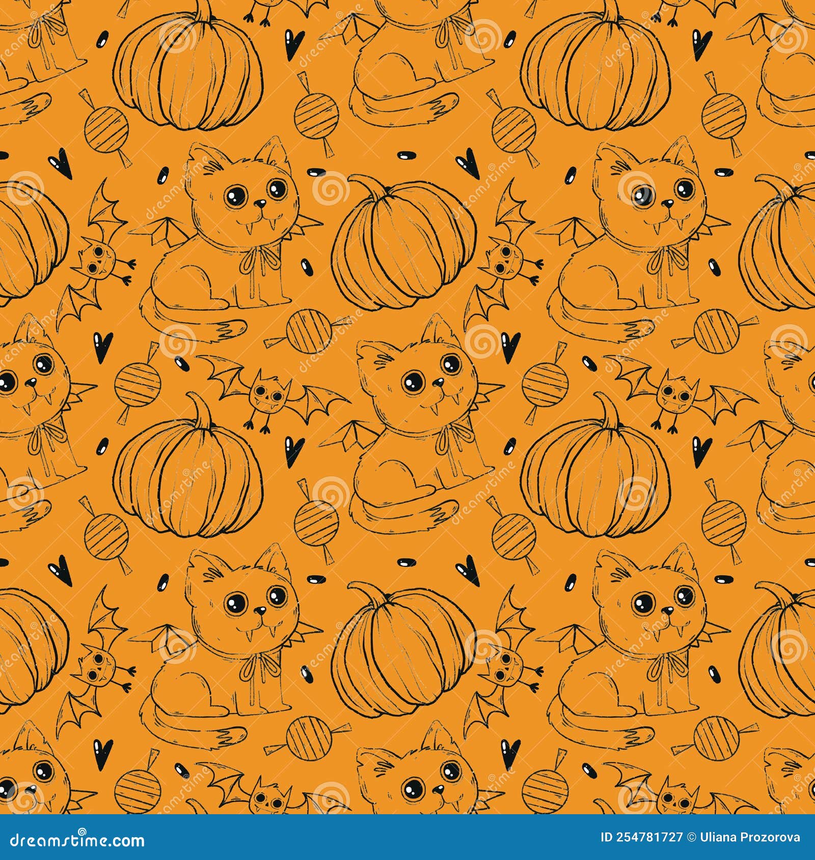Vampire Cat, Bat and Pumpkin Halloween Black Contour Seamless Pattern ...