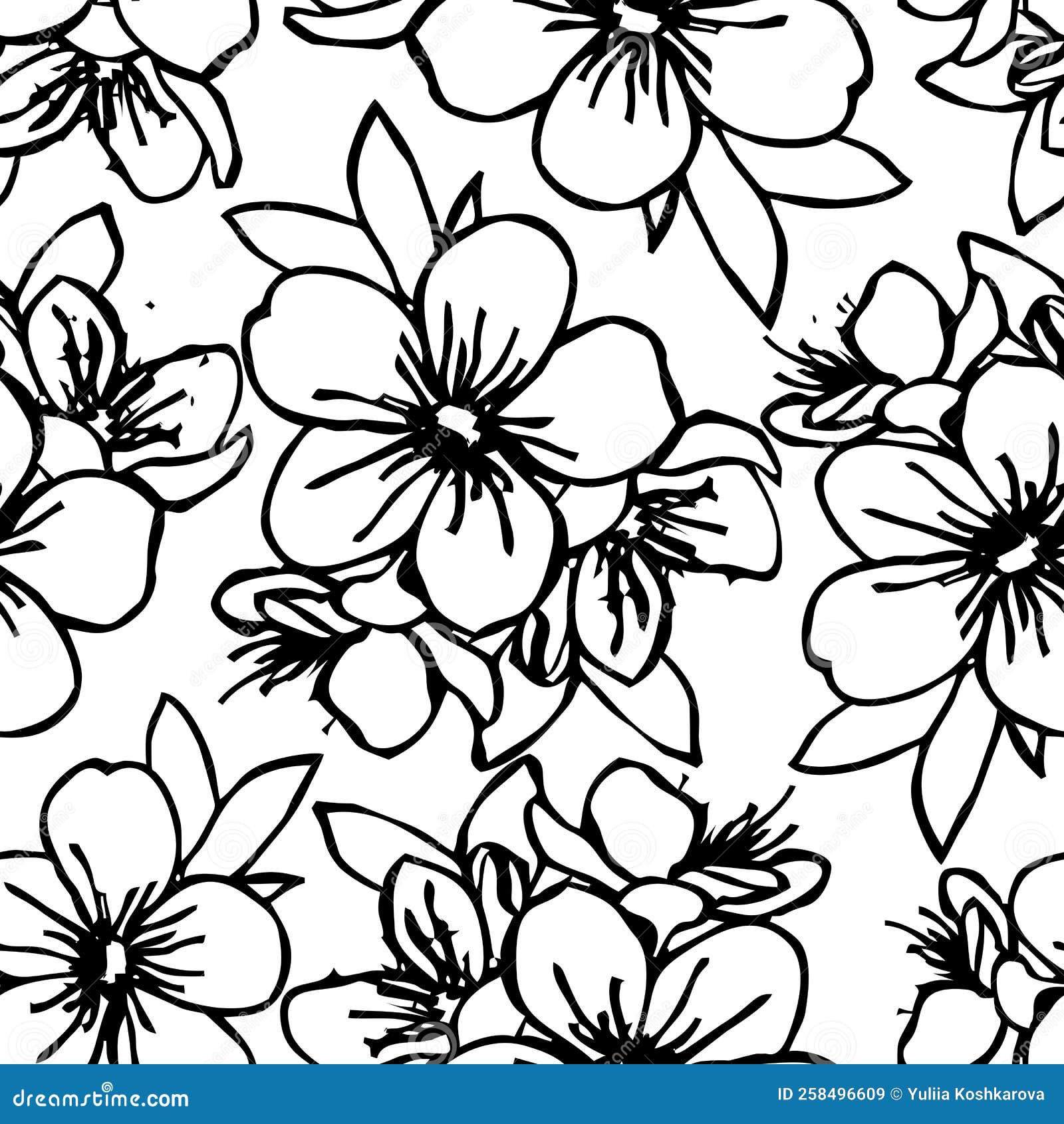 Seamless Pattern of Black Contours of Flowers on a White Background ...