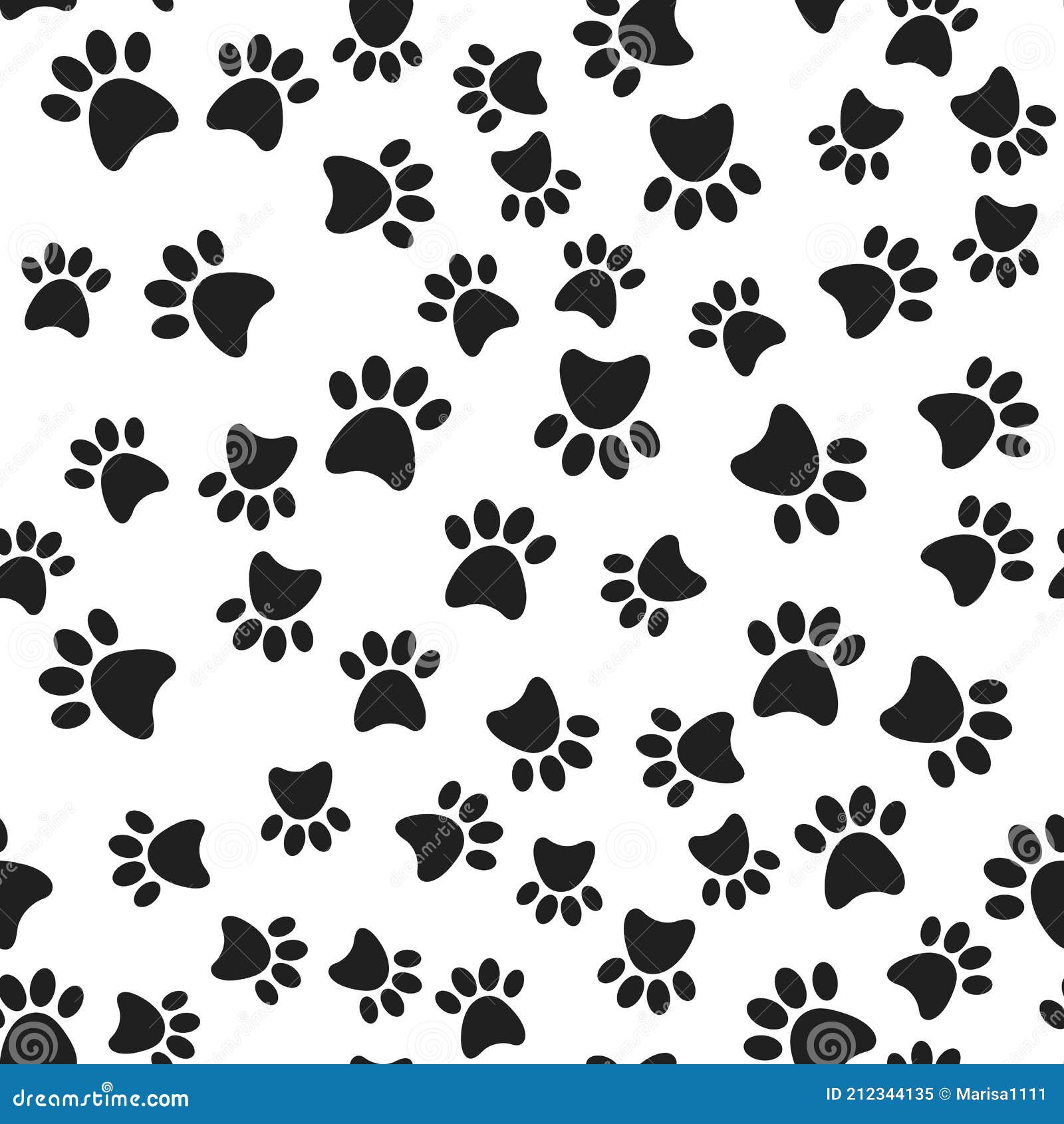 Seamless Pattern with Black Dog Paws Print on White Background. Vector ...