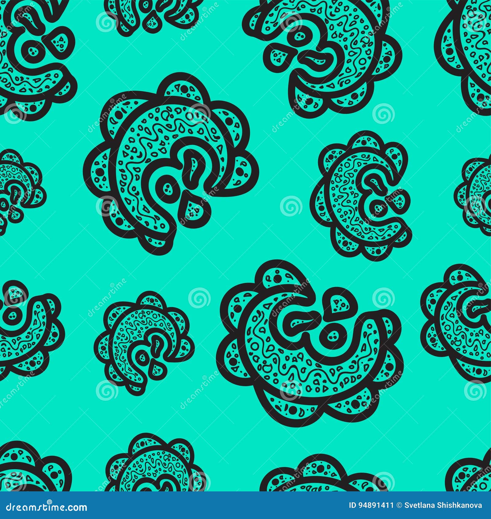 Seamless Pattern.Â Black Doodle Elements on Turquoise Background Stock ...