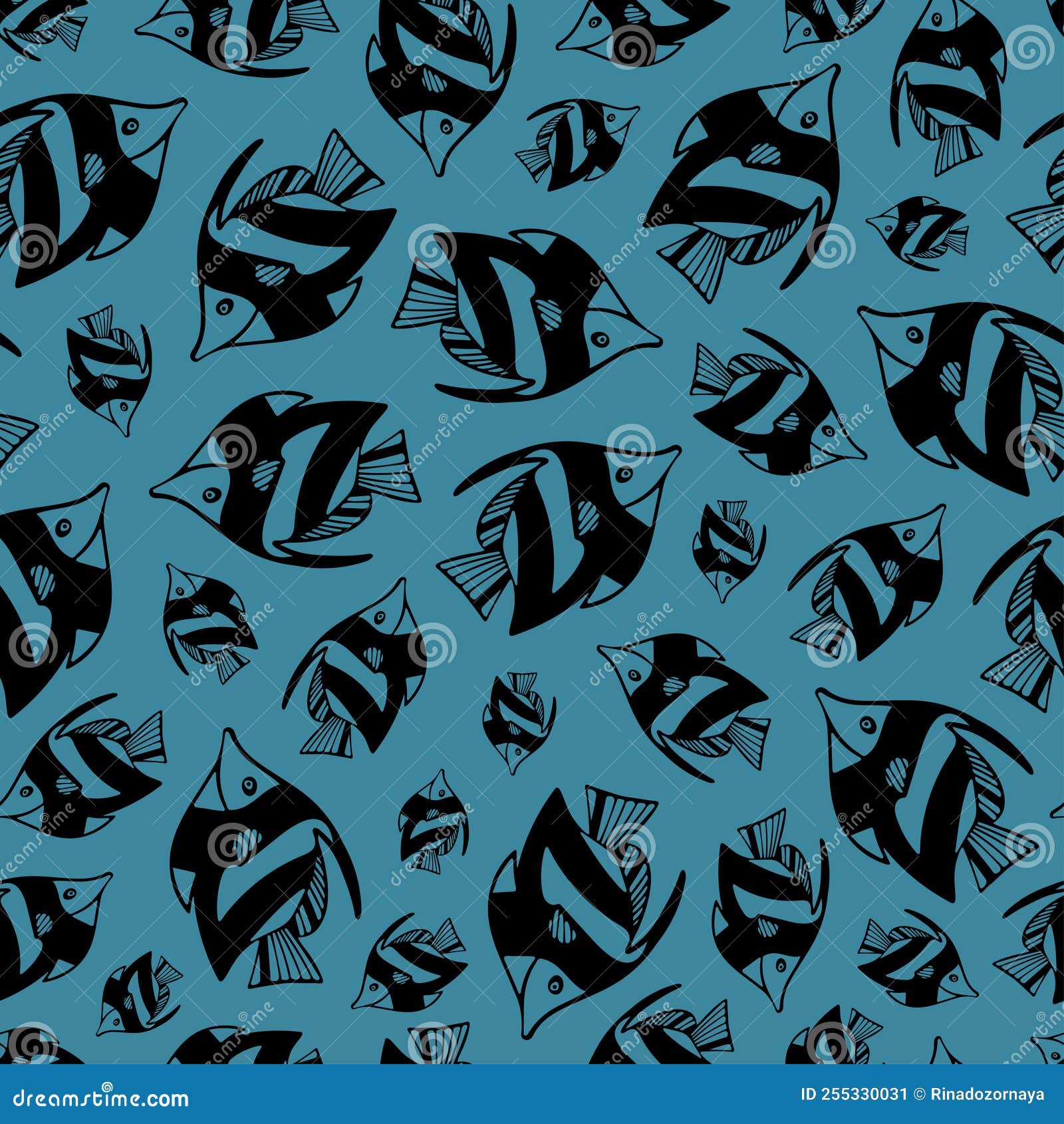 Seamless Pattern with Black Fish on Blue Background. Stock Vector ...