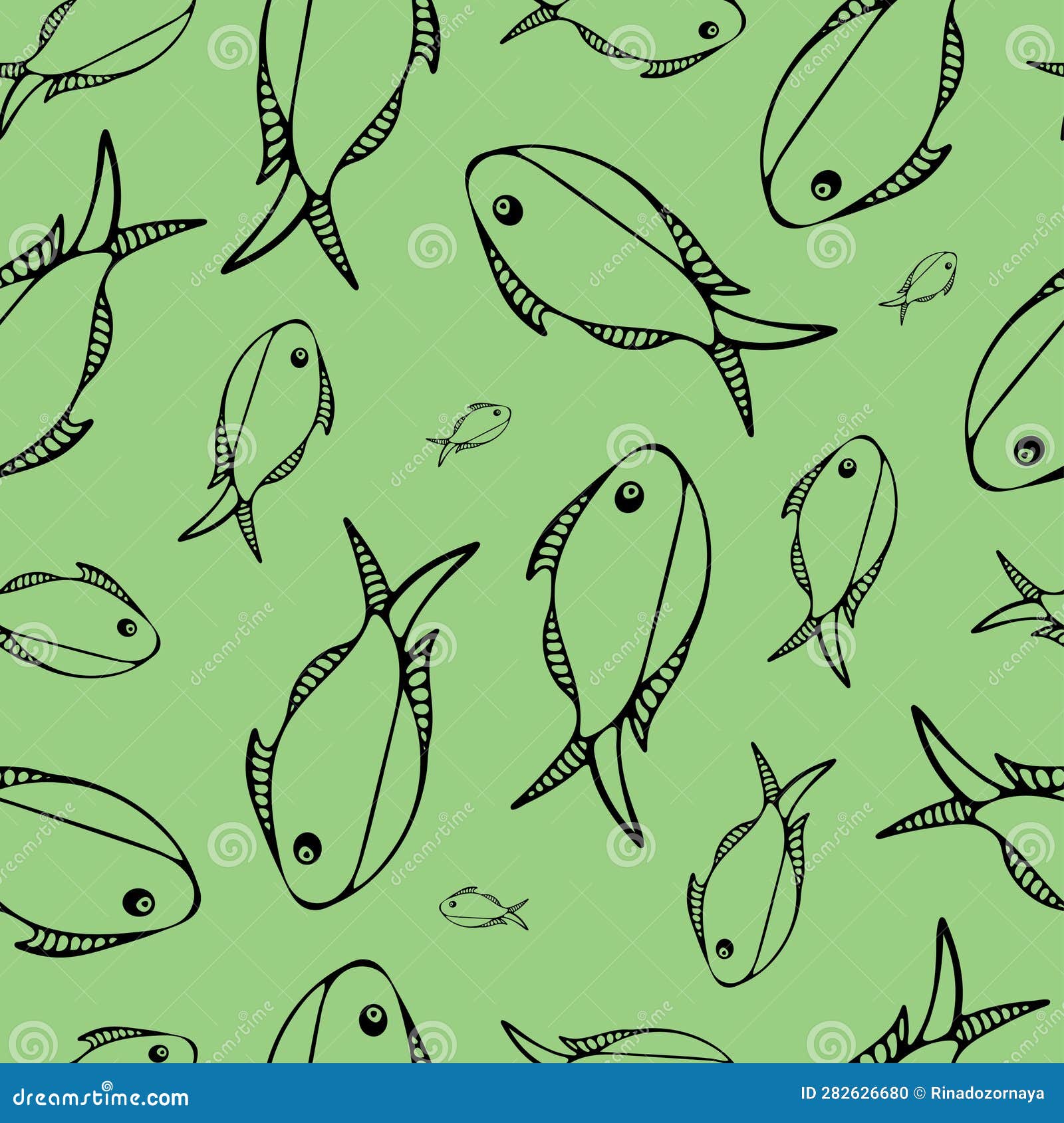 Seamless Pattern with Black Fish on Green Background. Stock Vector ...
