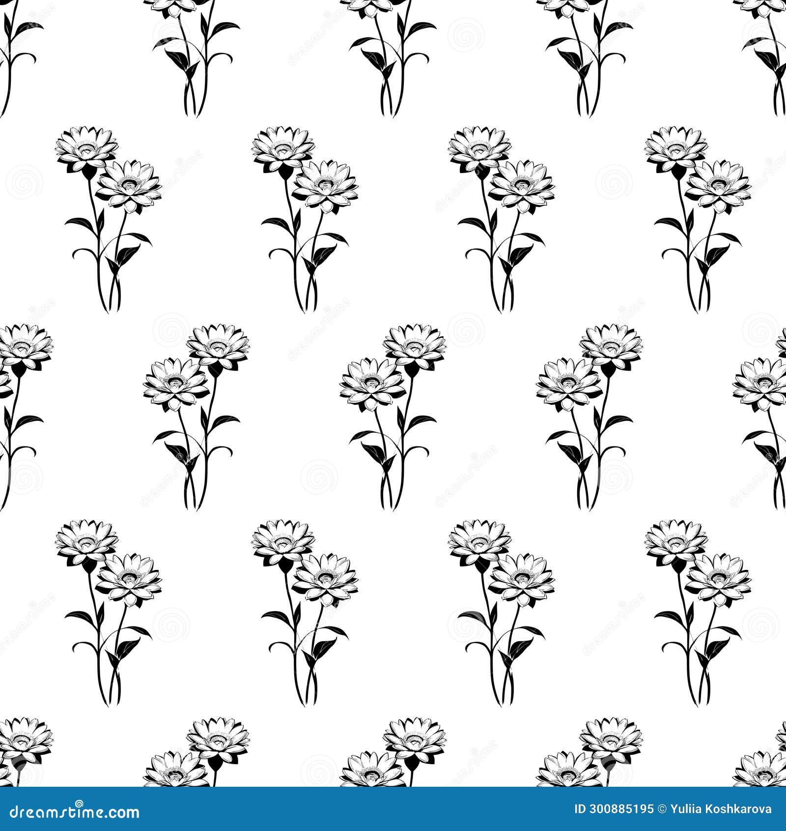 Seamless Pattern of Black Flowers on a White Background, Texture Stock ...