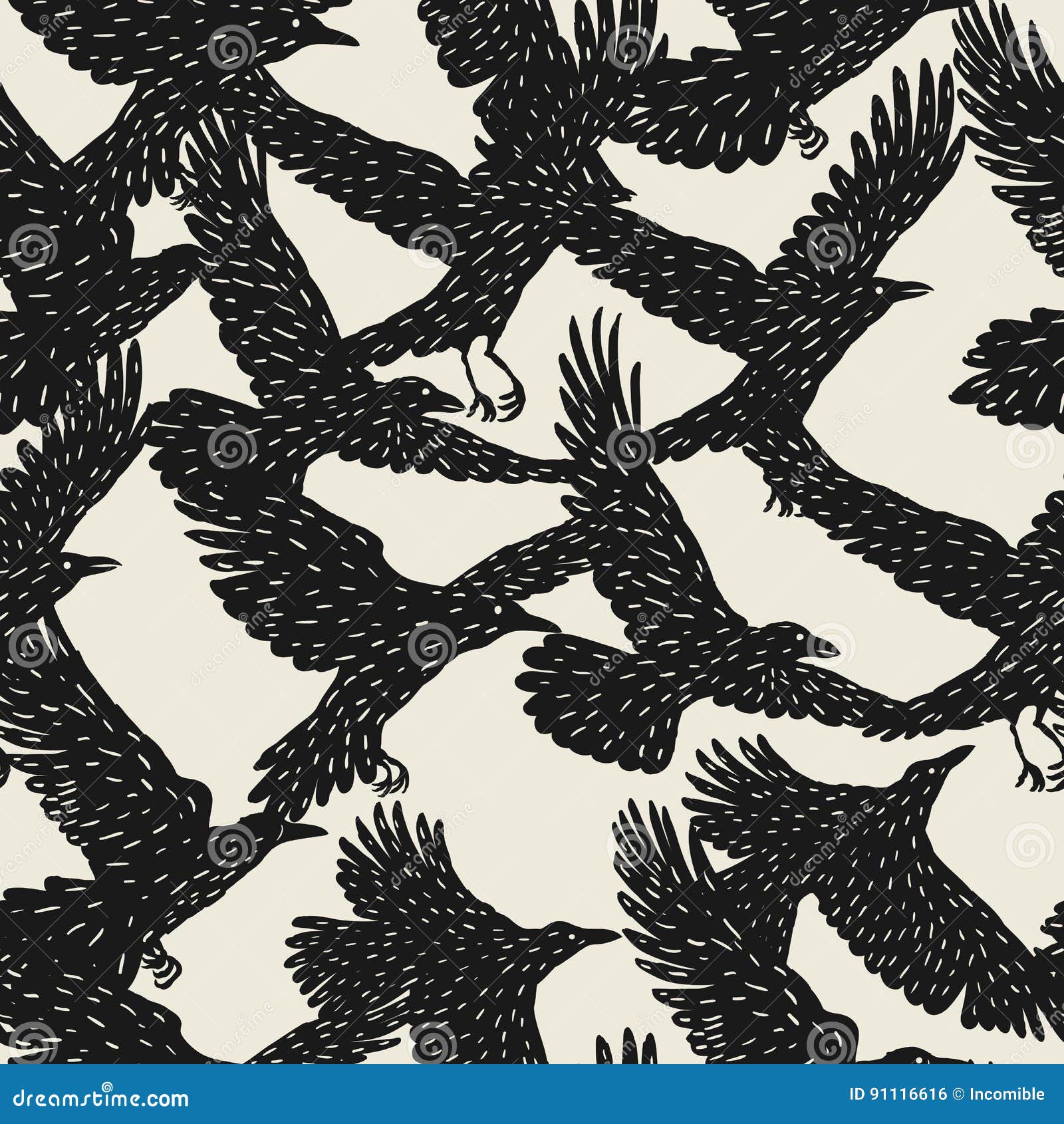Seamless Pattern with Black Flying Ravens. Hand Drawn Inky Birds Stock ...
