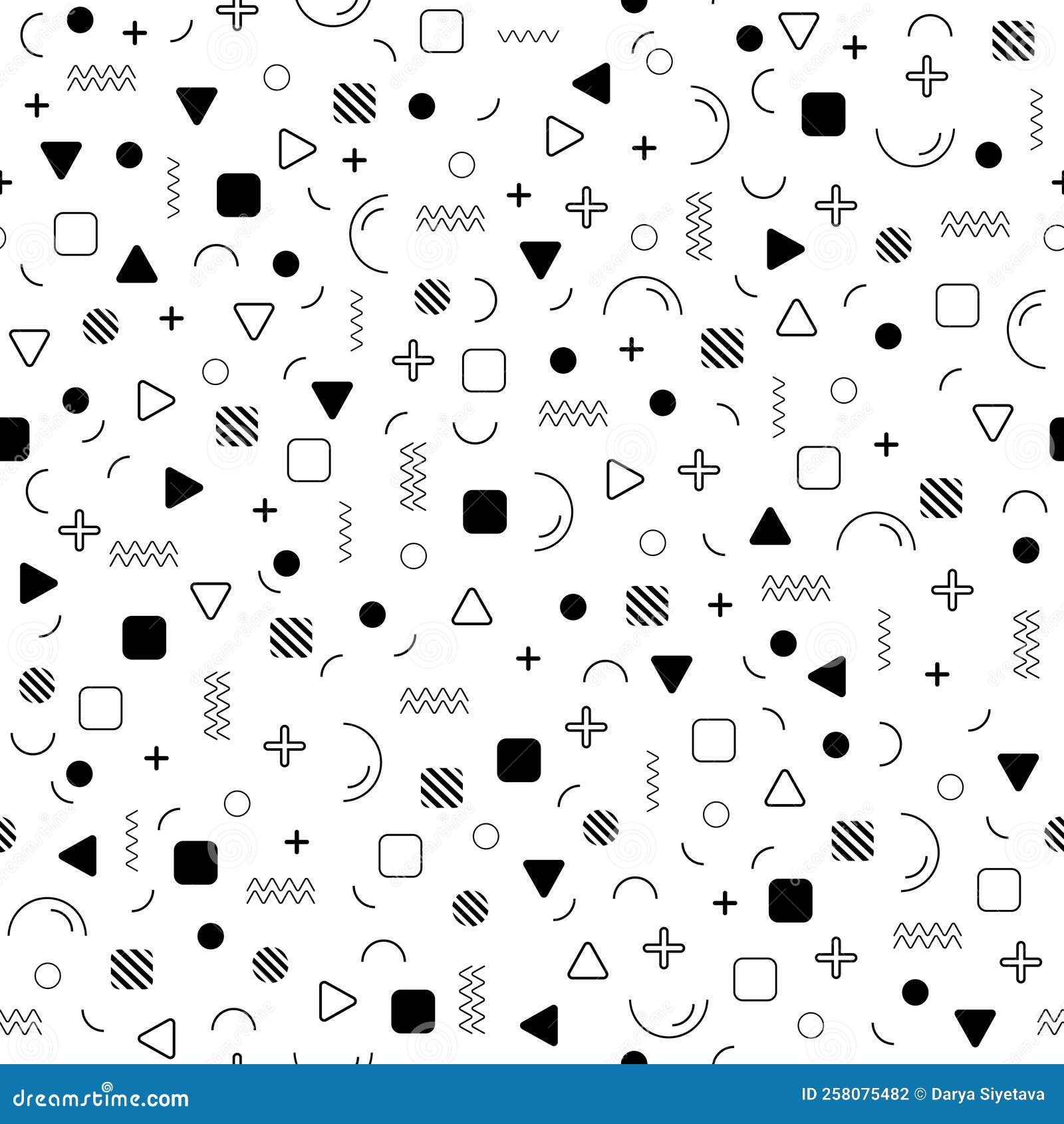 Seamless Pattern with Black Geometric Retro Elements in Memphis Style ...