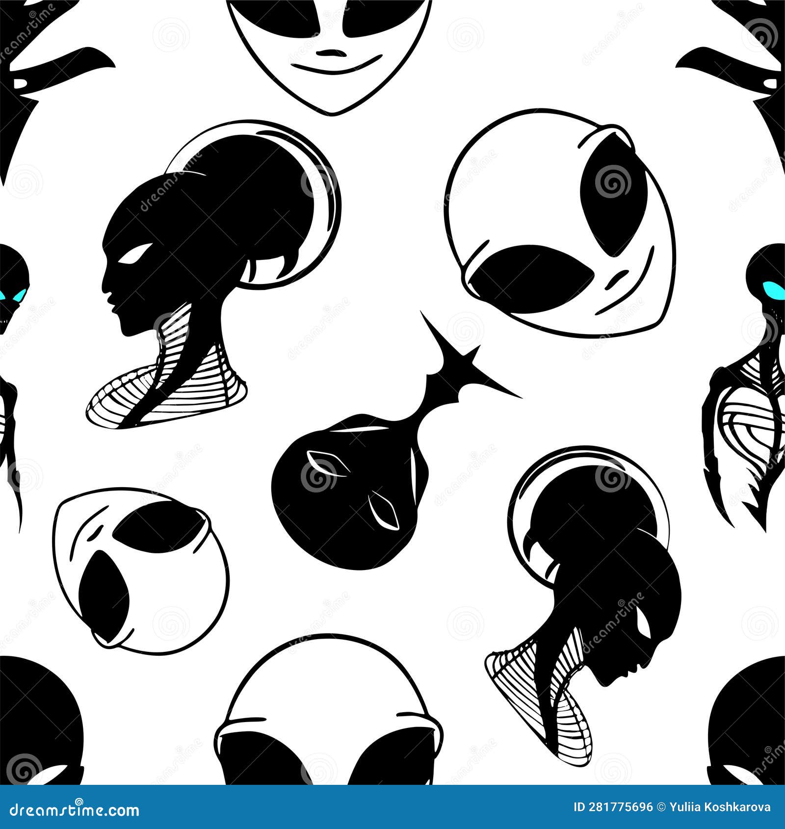 Seamless Pattern Black Graphic Aliens on White Background, Texture ...