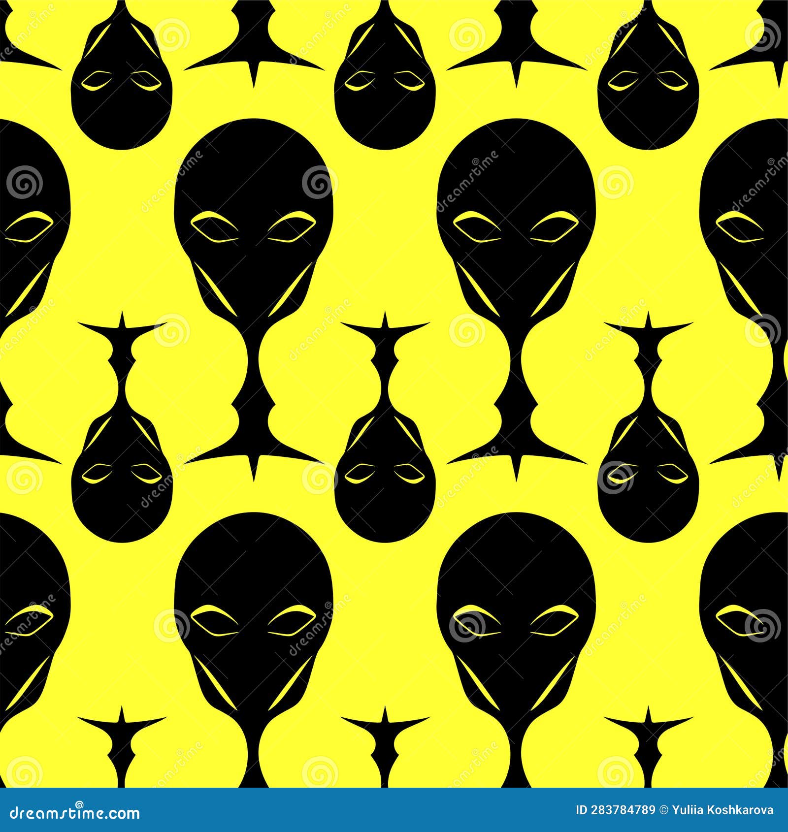 Seamless Pattern Black Graphic Aliens on Yellow Background, Texture ...