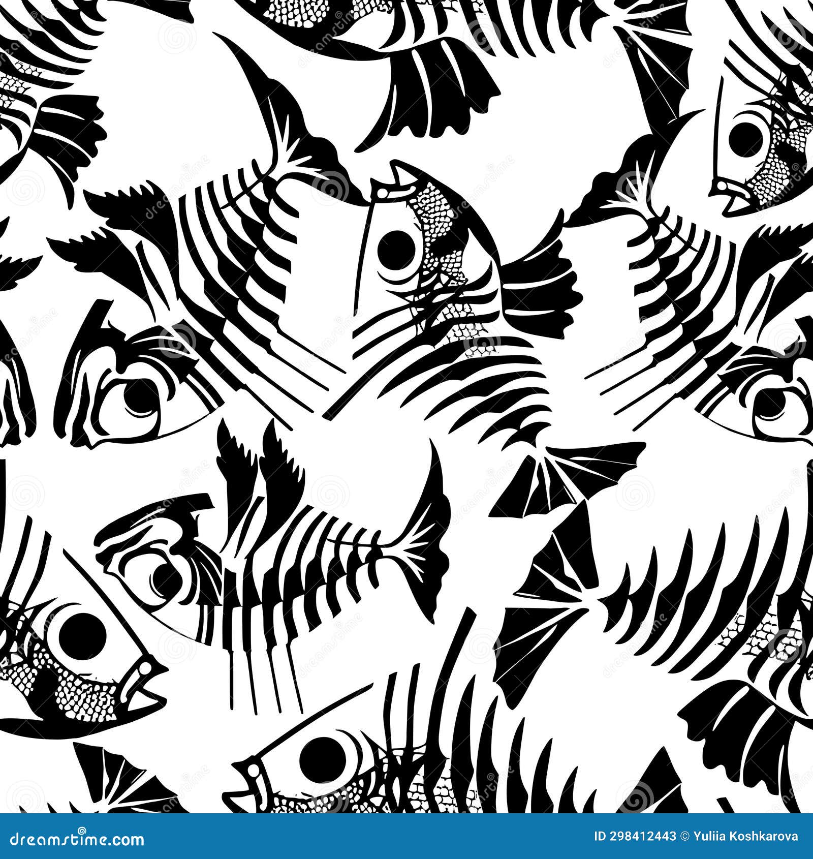 Seamless Pattern of Black Graphic Fish Skeletons on a White Background ...
