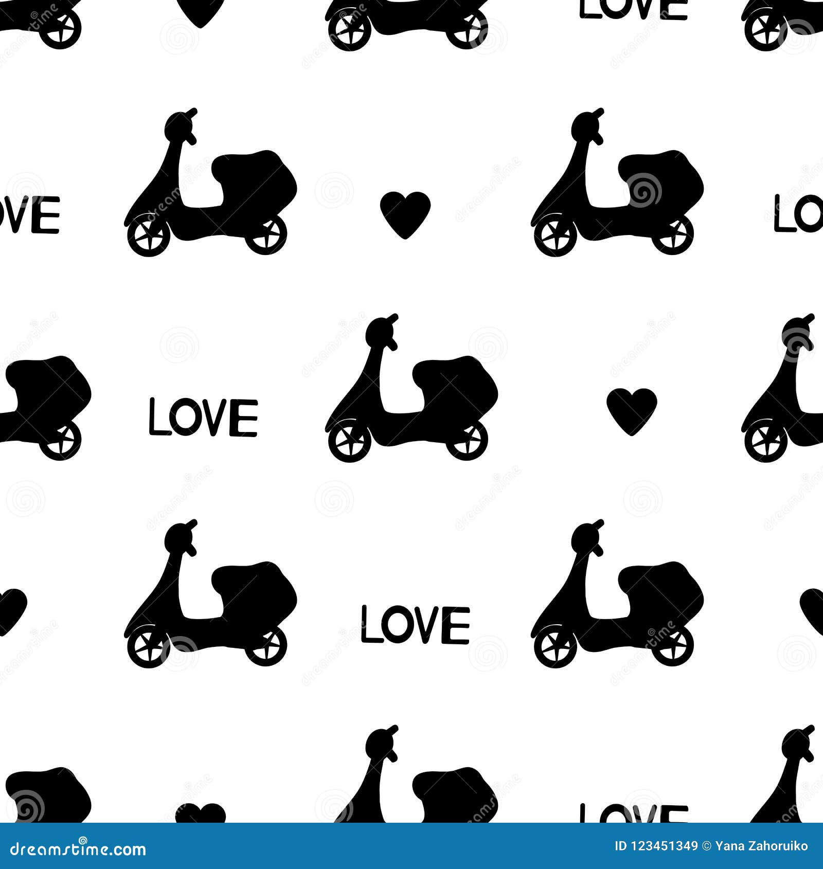 Seamless Pattern with Black Mopeds, Words Love and Hearts. Stock Vector ...