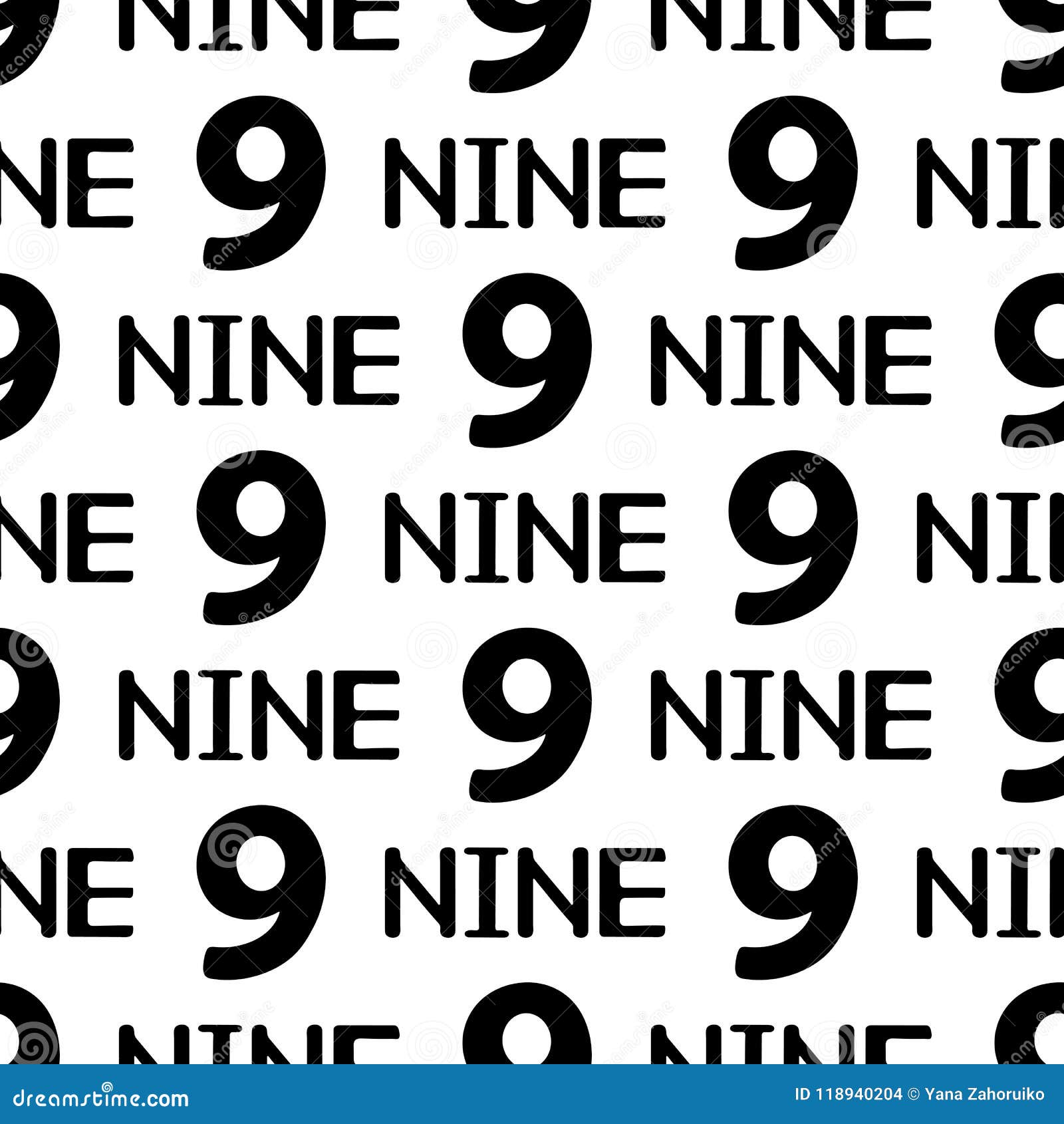 Seamless Pattern with Black Numerals and Words Nine on the White Stock ...