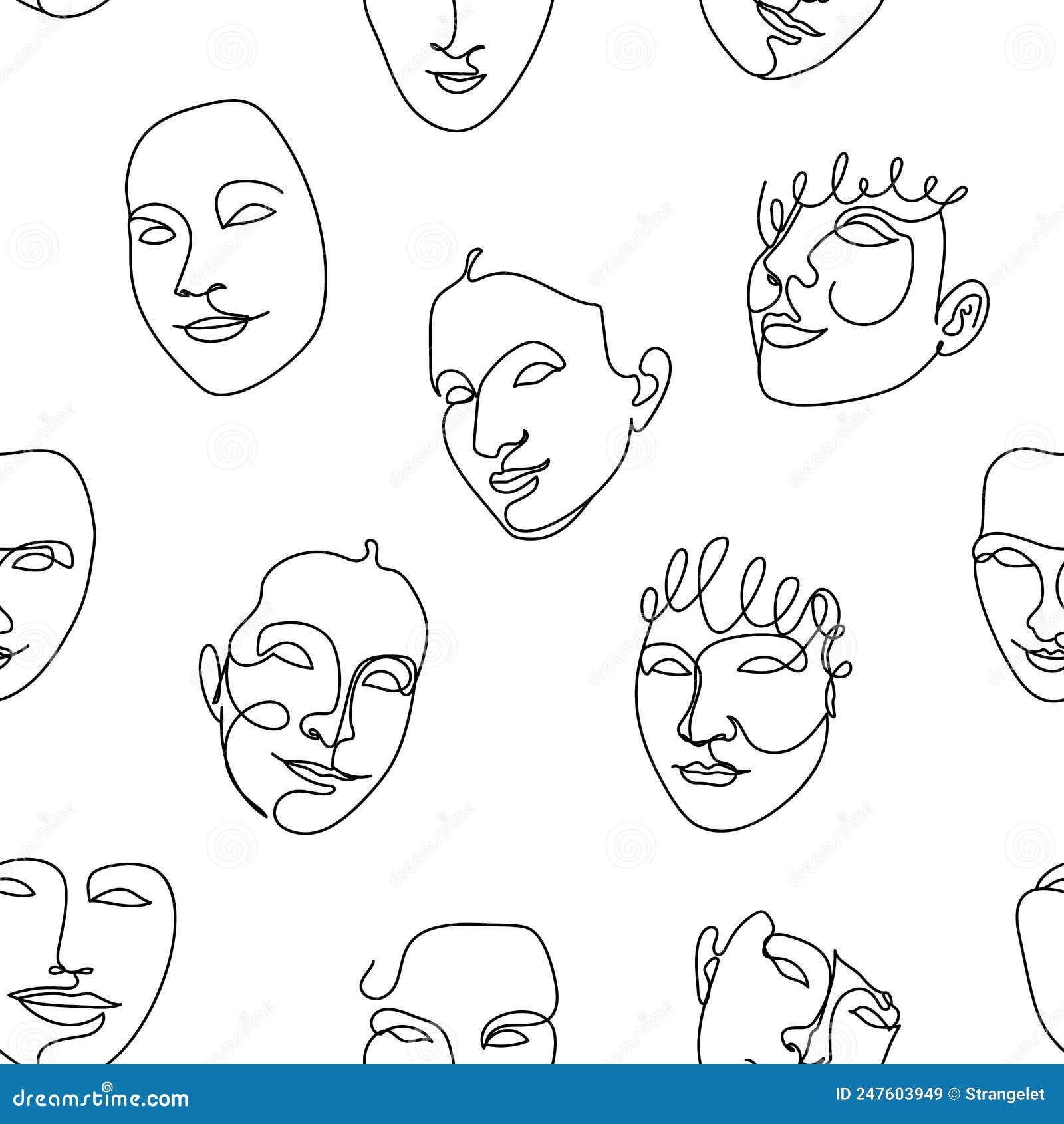 Seamless Pattern with Black One Single Line Drawings of Female Faces ...