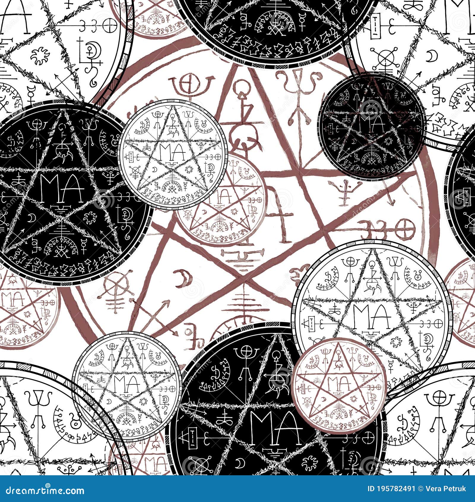 Seamless Pattern with Black and Red Magic Seals with Pentagram on White ...