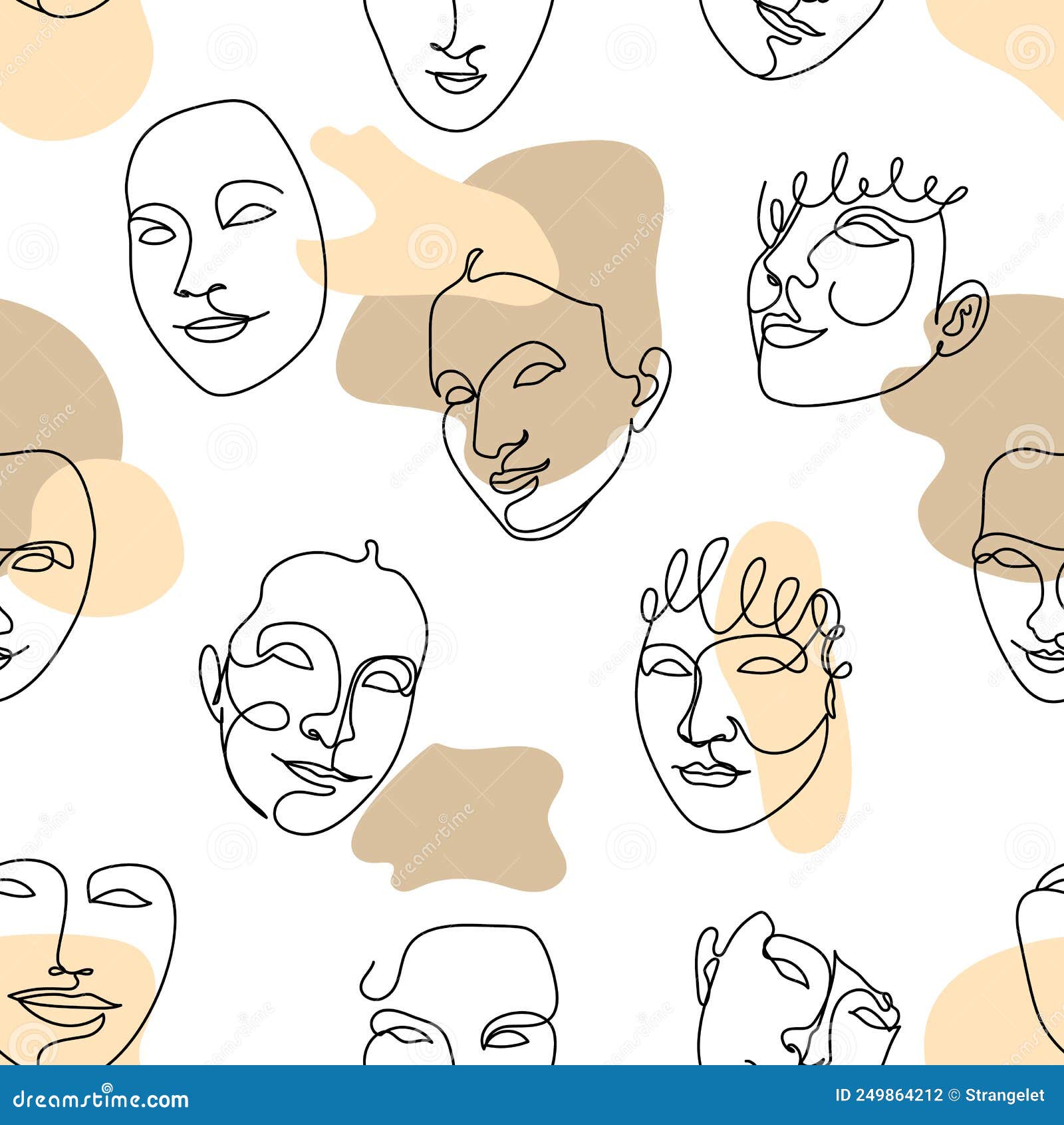 Seamless Pattern with Black Single Line Drawings of Female Face and ...