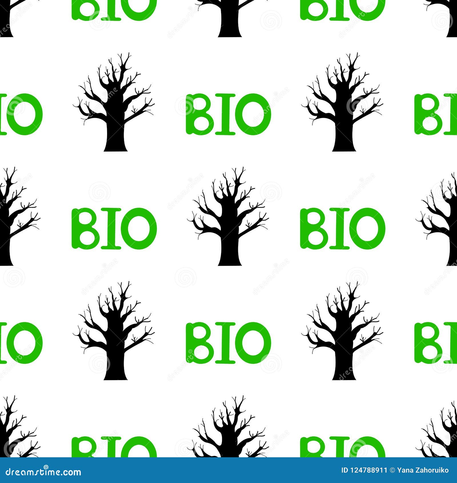 Seamless Pattern with Black Trees and Words Bio. Stock Illustration ...