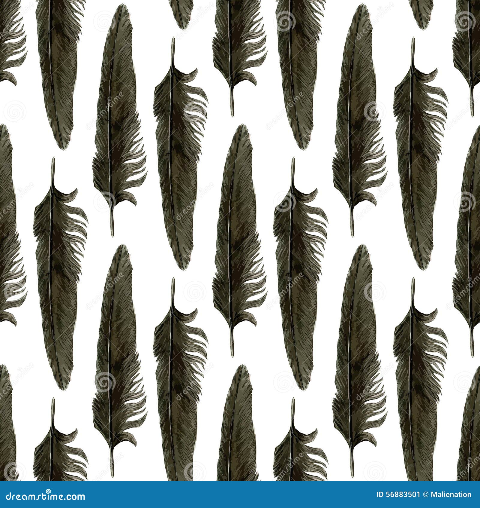 Seamless Pattern with Black Watercolor Feathers. Black Feather of Crow ...