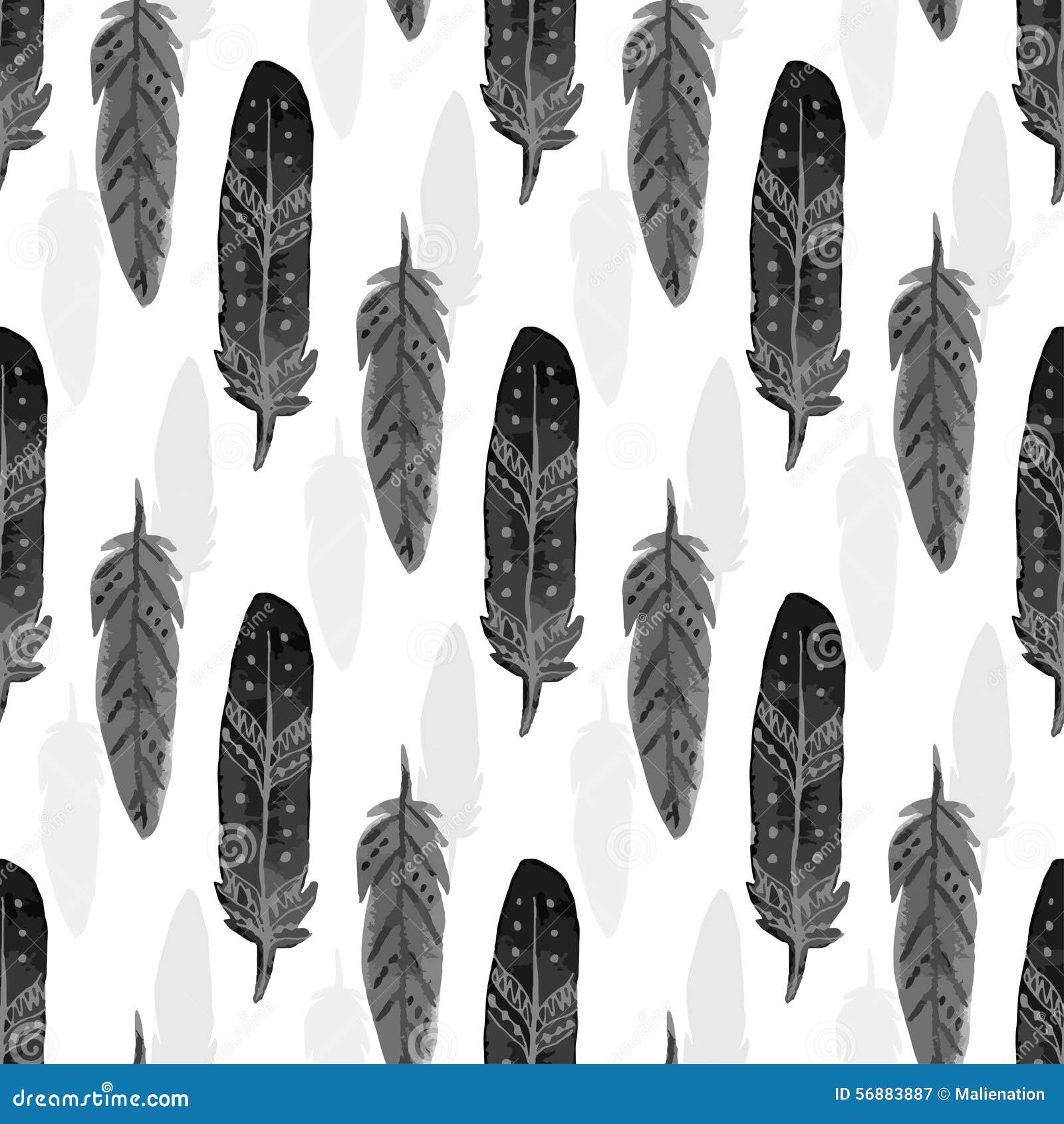 Seamless Pattern with Black Watercolor Feathers. Ethnic Feather Texture ...