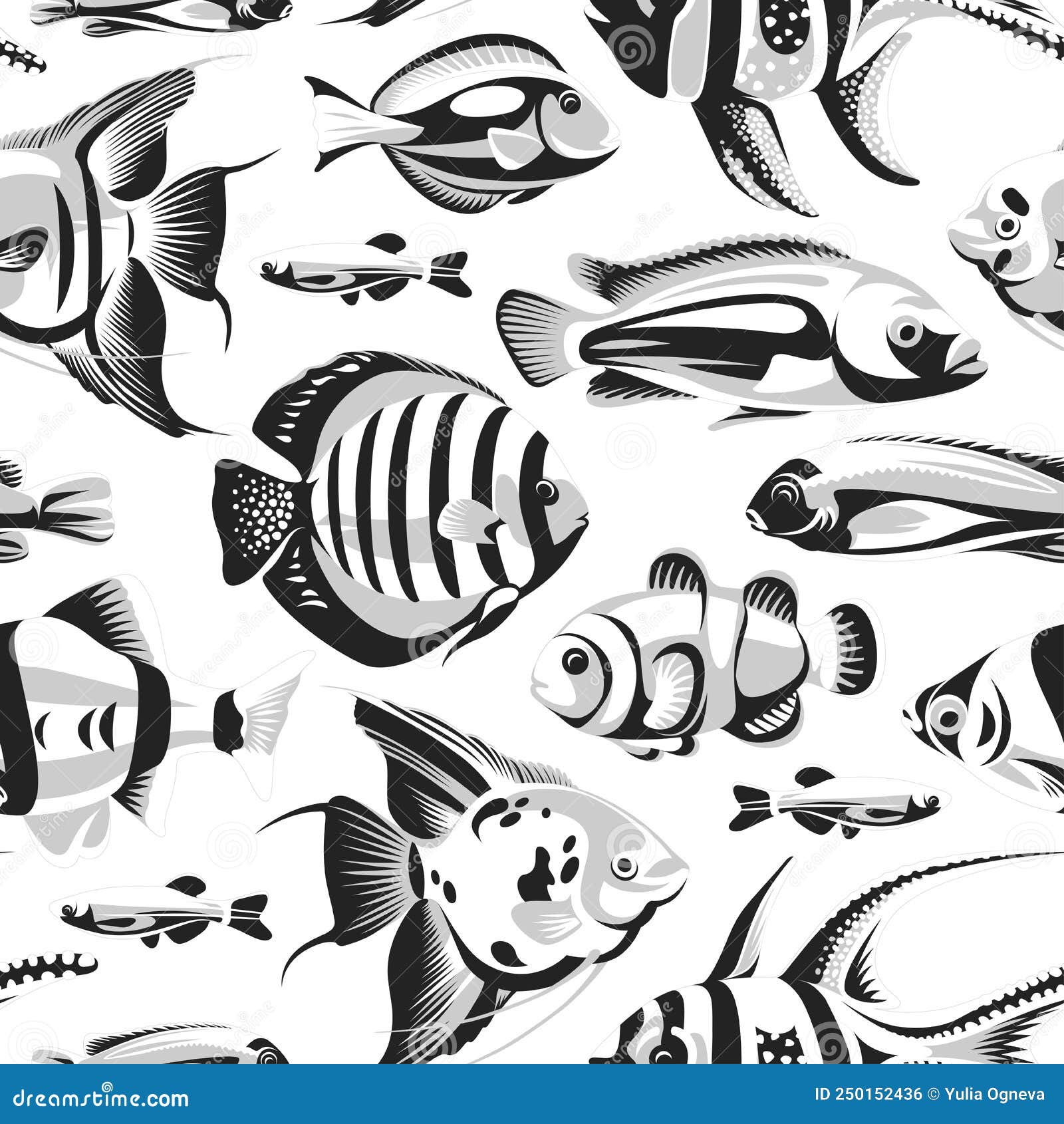 Seamless Pattern with Black and White Fish Isolated on a White ...