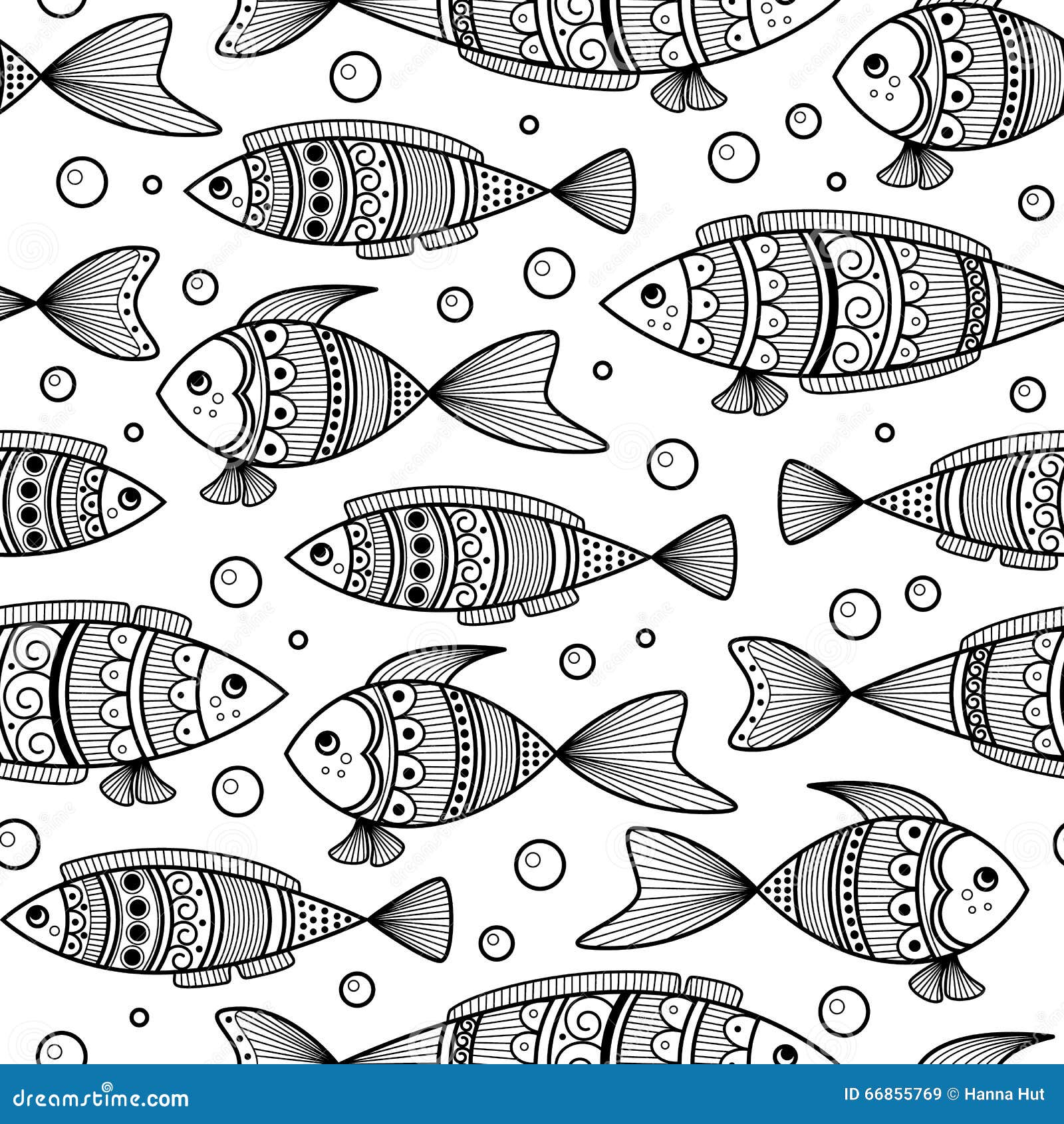 Seamless Pattern of Black and White Fishes in Doodle Ink Style Stock ...