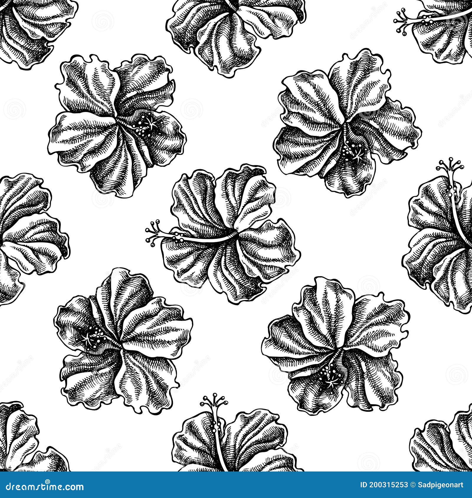 Seamless Pattern with Black and White Hibiscus Stock Vector ...