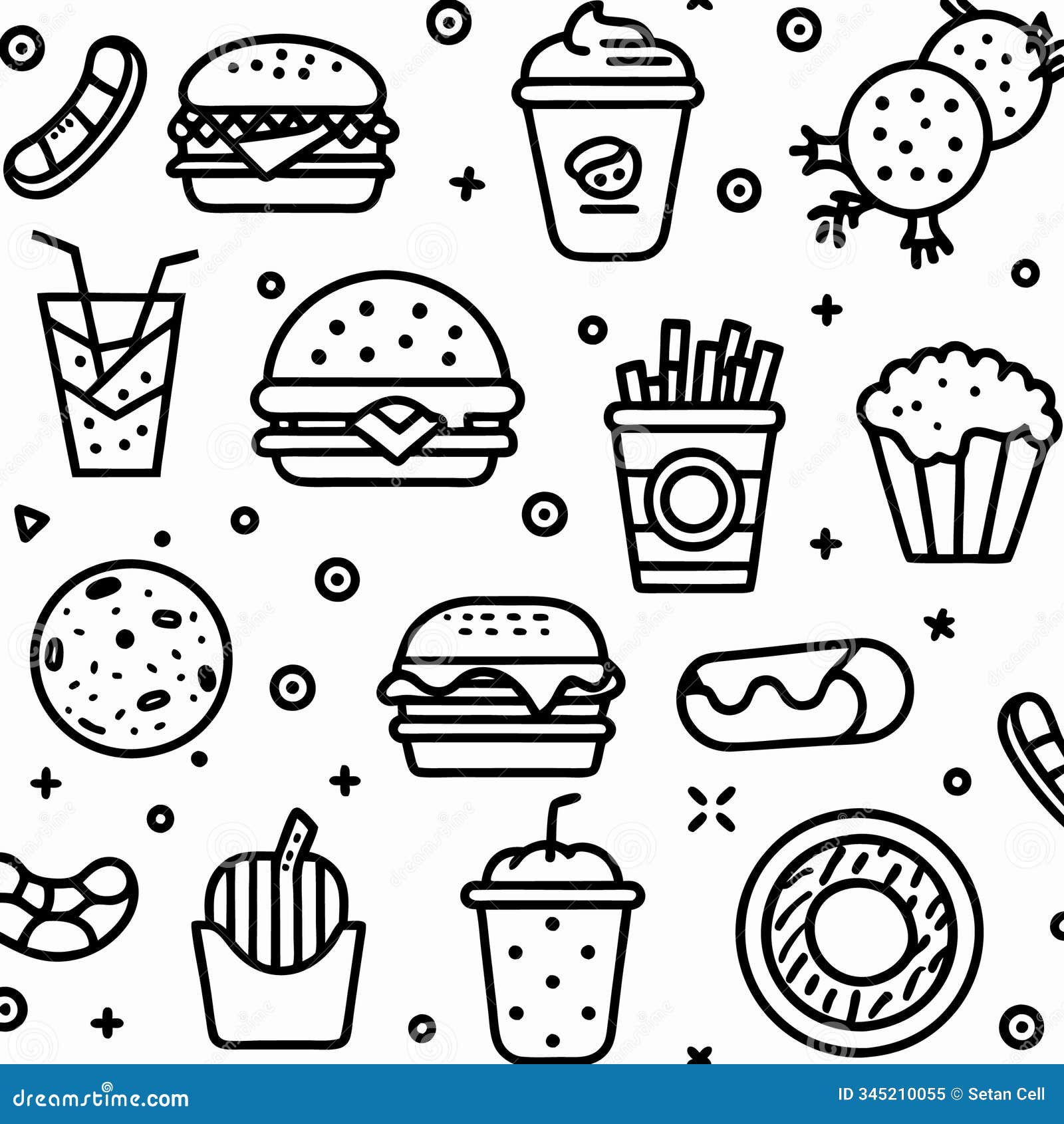 Seamless Pattern of Black and White Outline Fast Food Ico Stock Vector ...