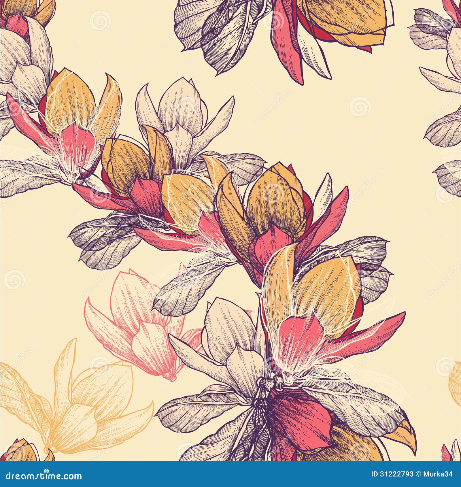 Seamless Pattern with Blooming Magnolia Flowers, H Stock Vector ...