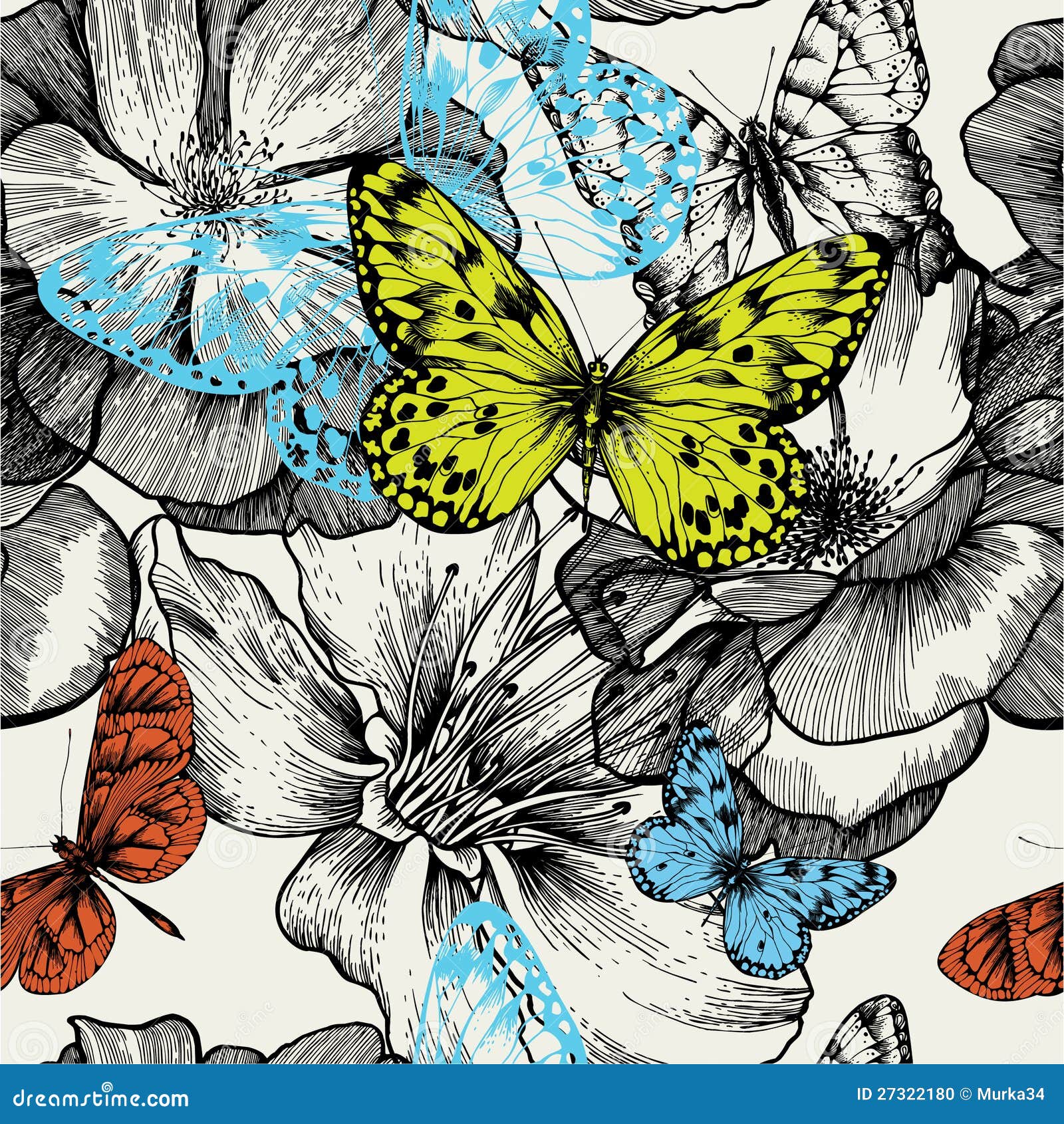 Seamless Pattern with Blooming Roses and Flying Bu Stock Vector ...