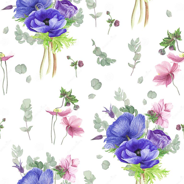 Seamless Pattern With Blue Anemones Pink Anemones Clematis And