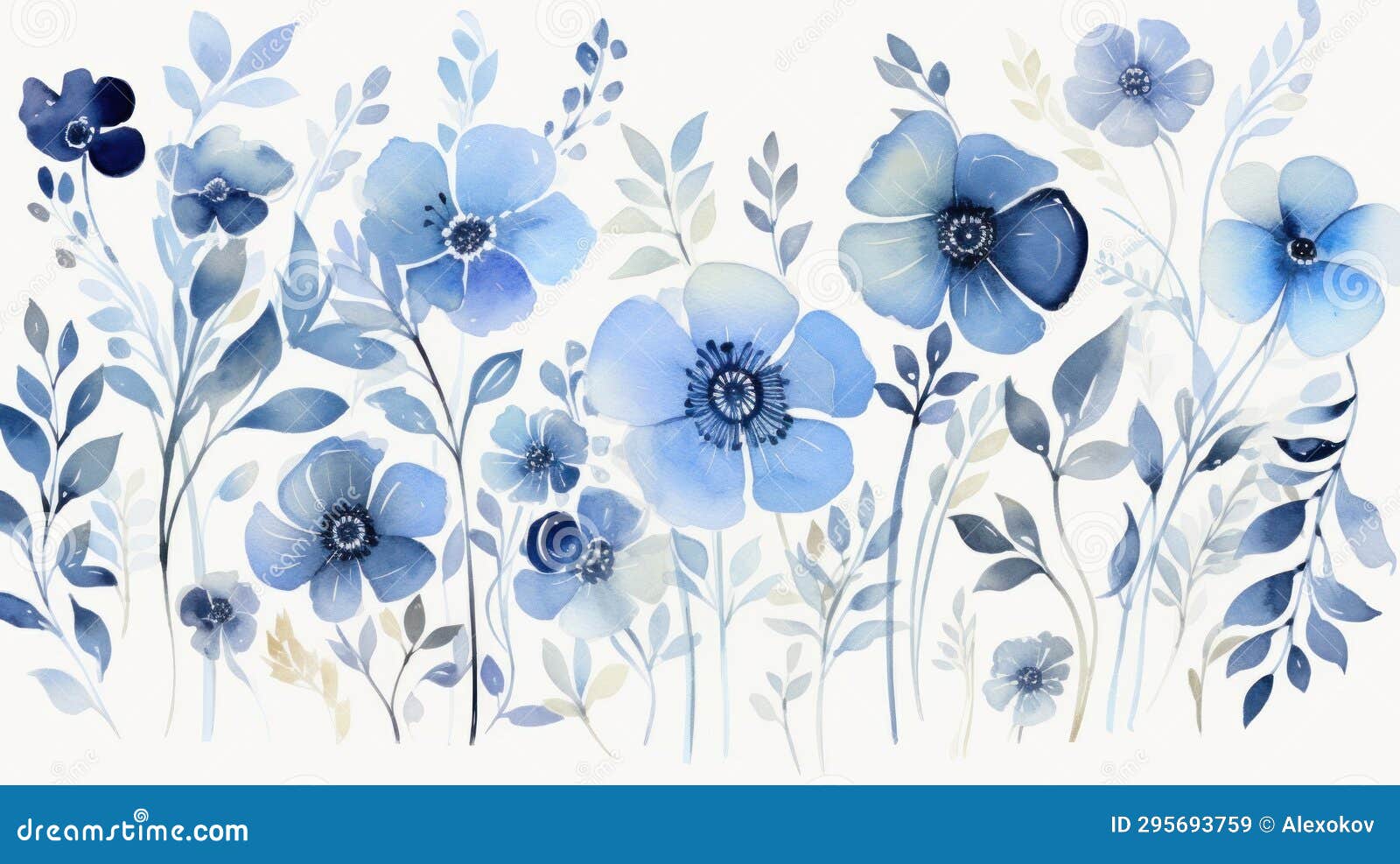 Seamless Pattern With Blue Anemones Watercolor Illustration Generative