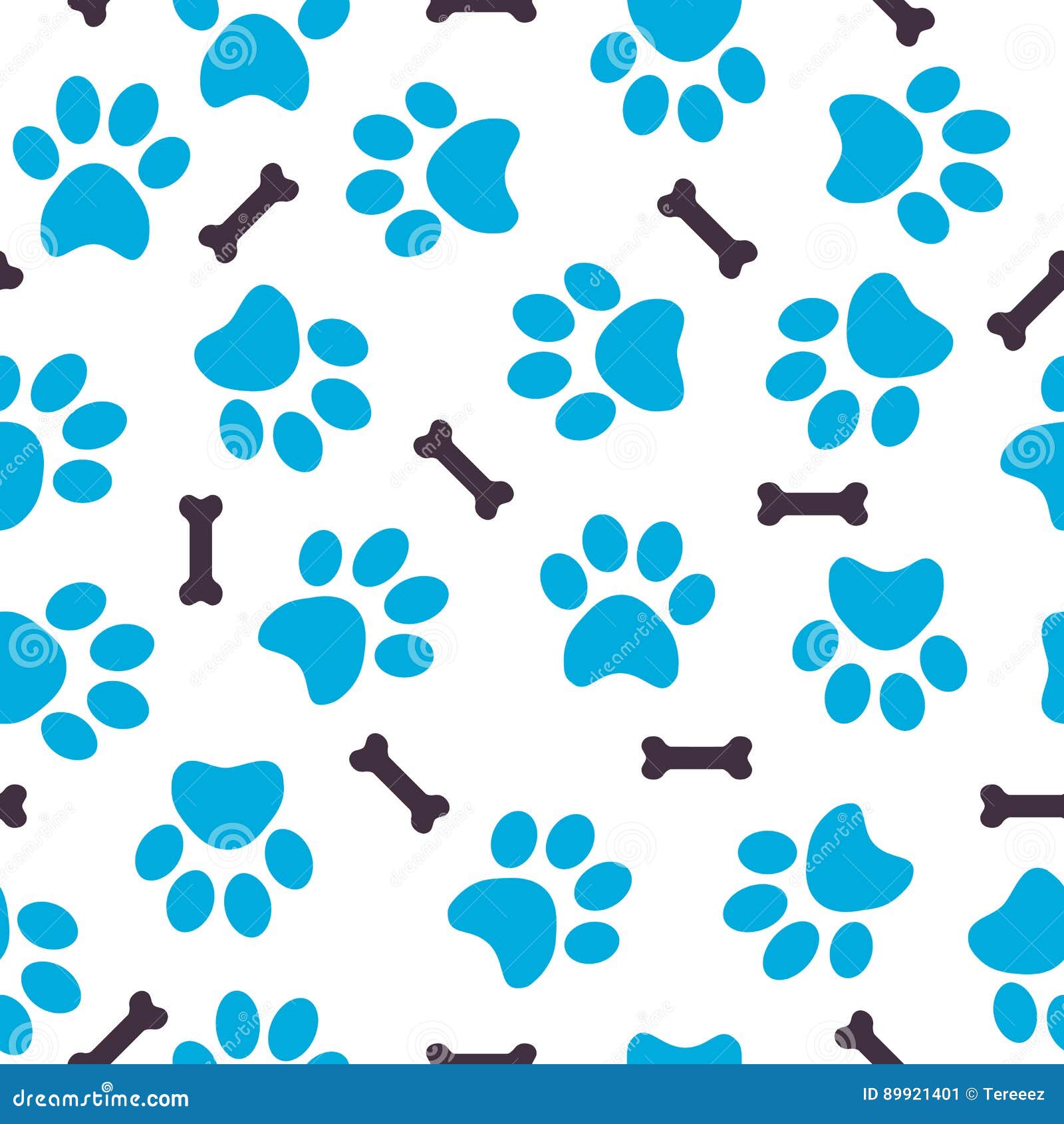 Seamless Pattern of Blue Animal Paws with Bones Stock Vector ...