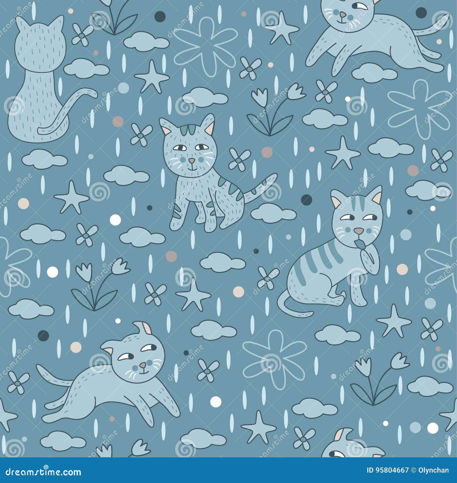 Seamless Pattern Blue Cats Wallpaper Background Stock Vector ...