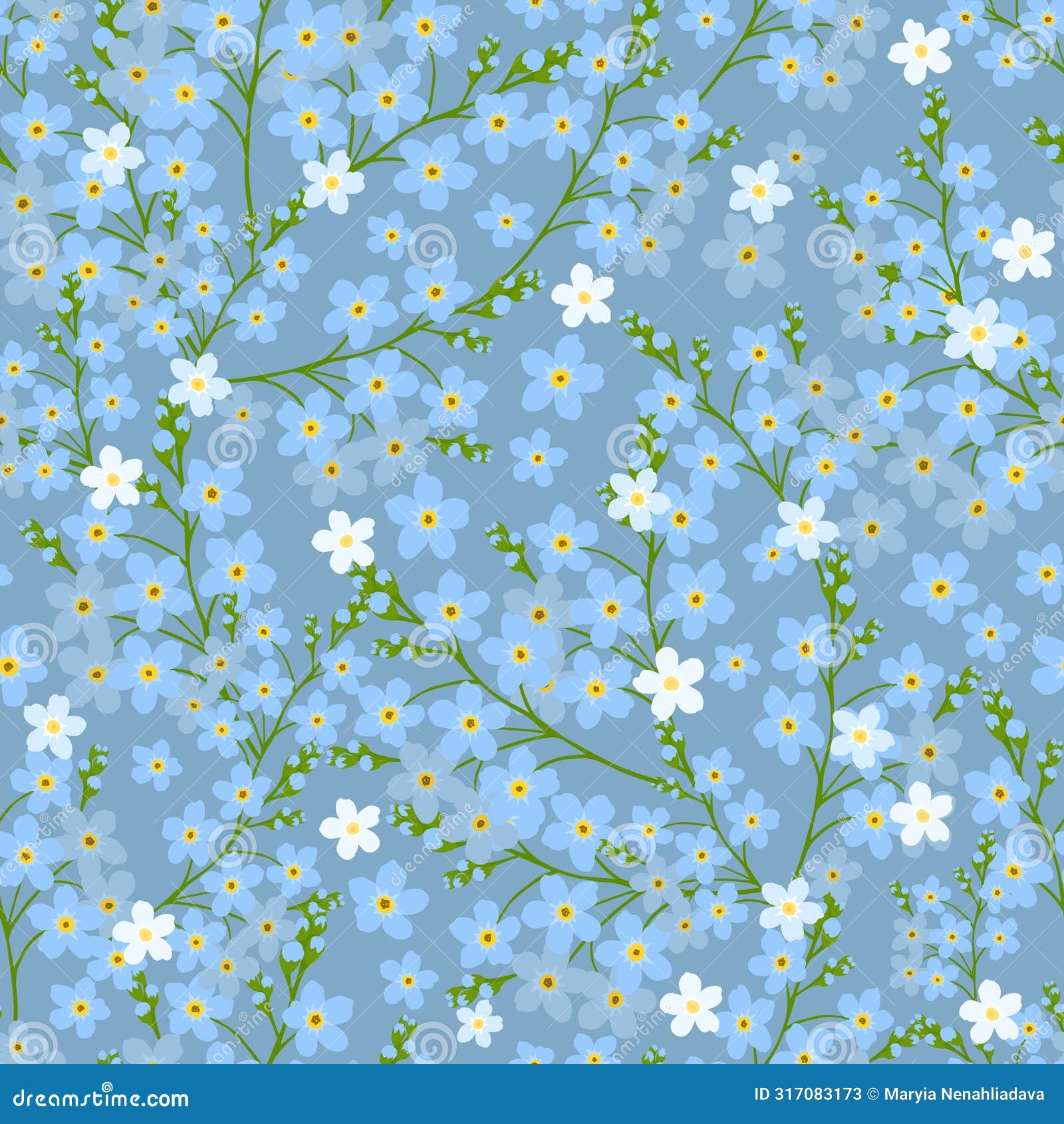 Seamless Pattern of Blue Forget-me-nots. Hand Drawing. Not AI Stock ...