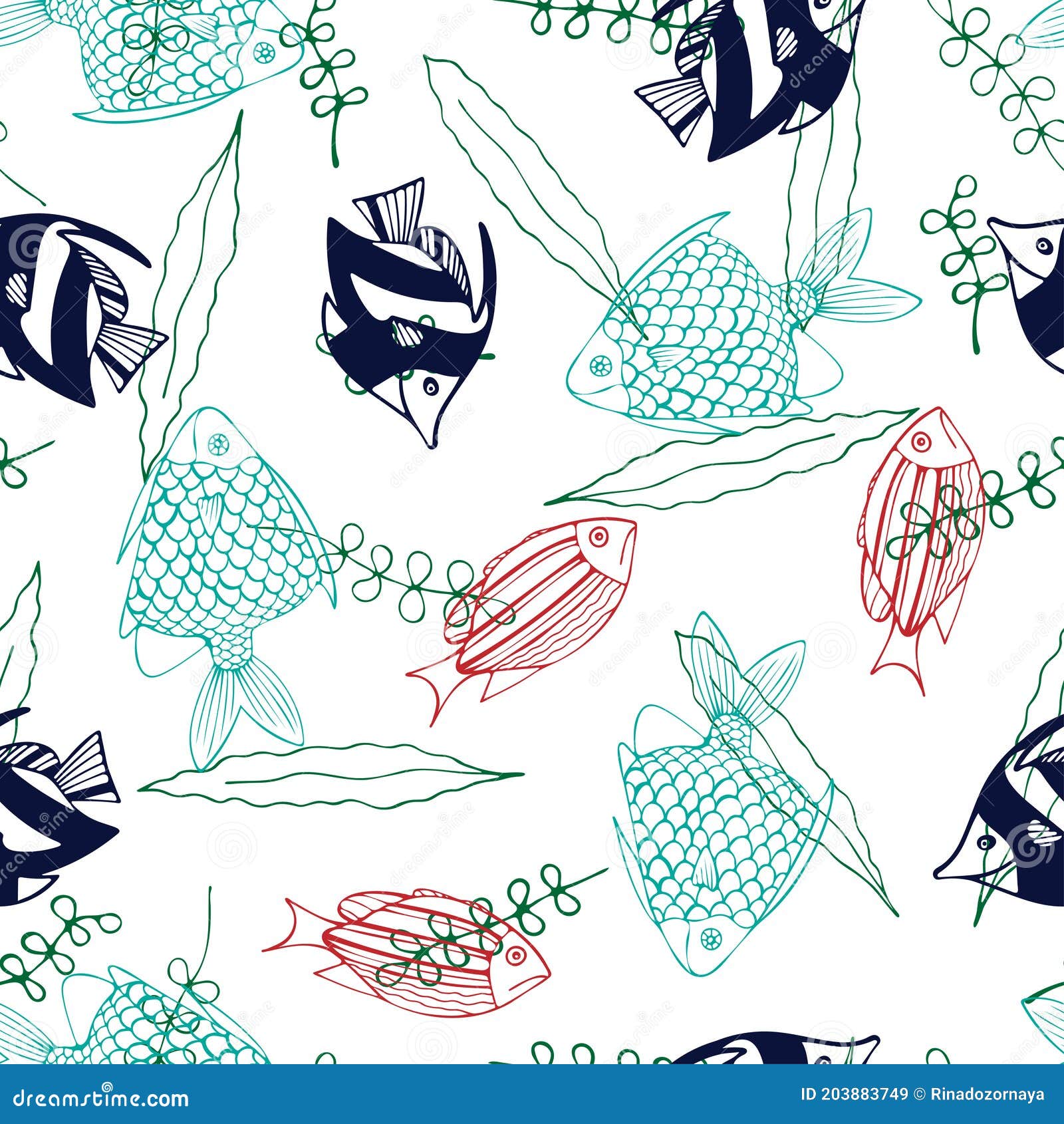 Seamless Pattern with Blue, Green and Red Fish on White Background ...