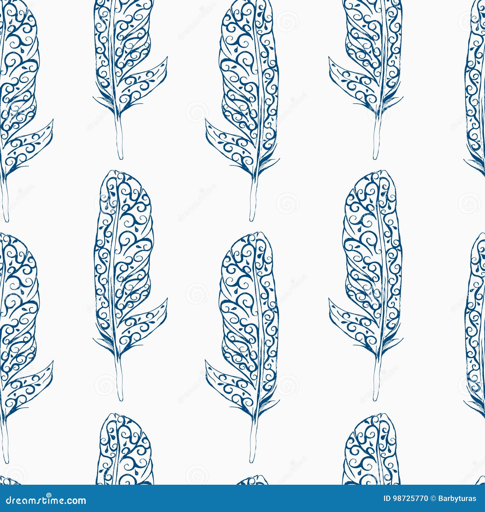 Seamless Pattern Blue Hand-drawn Feathers on a White Background. Vector ...