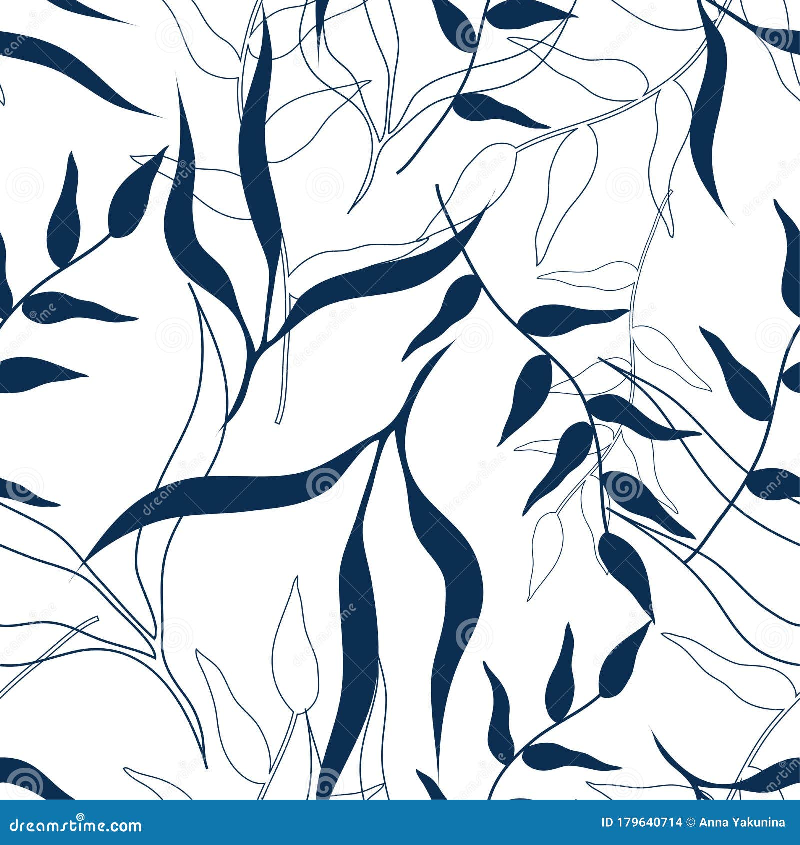 Seamless Pattern With Blue Leafy Entangled Branches In Vector ...