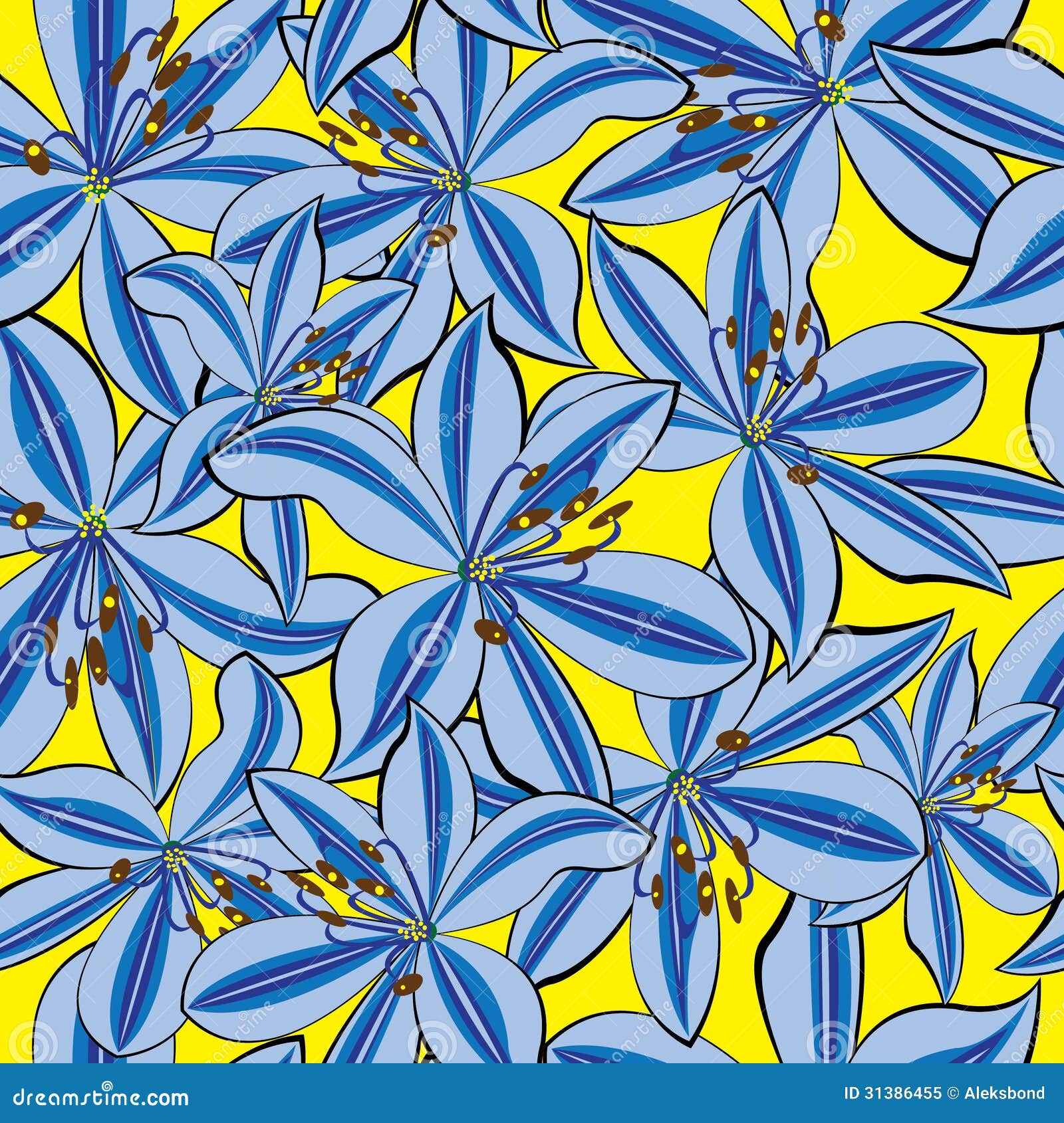 Seamless Pattern Blue Lily on Yellow Stock Vector - Illustration of ...