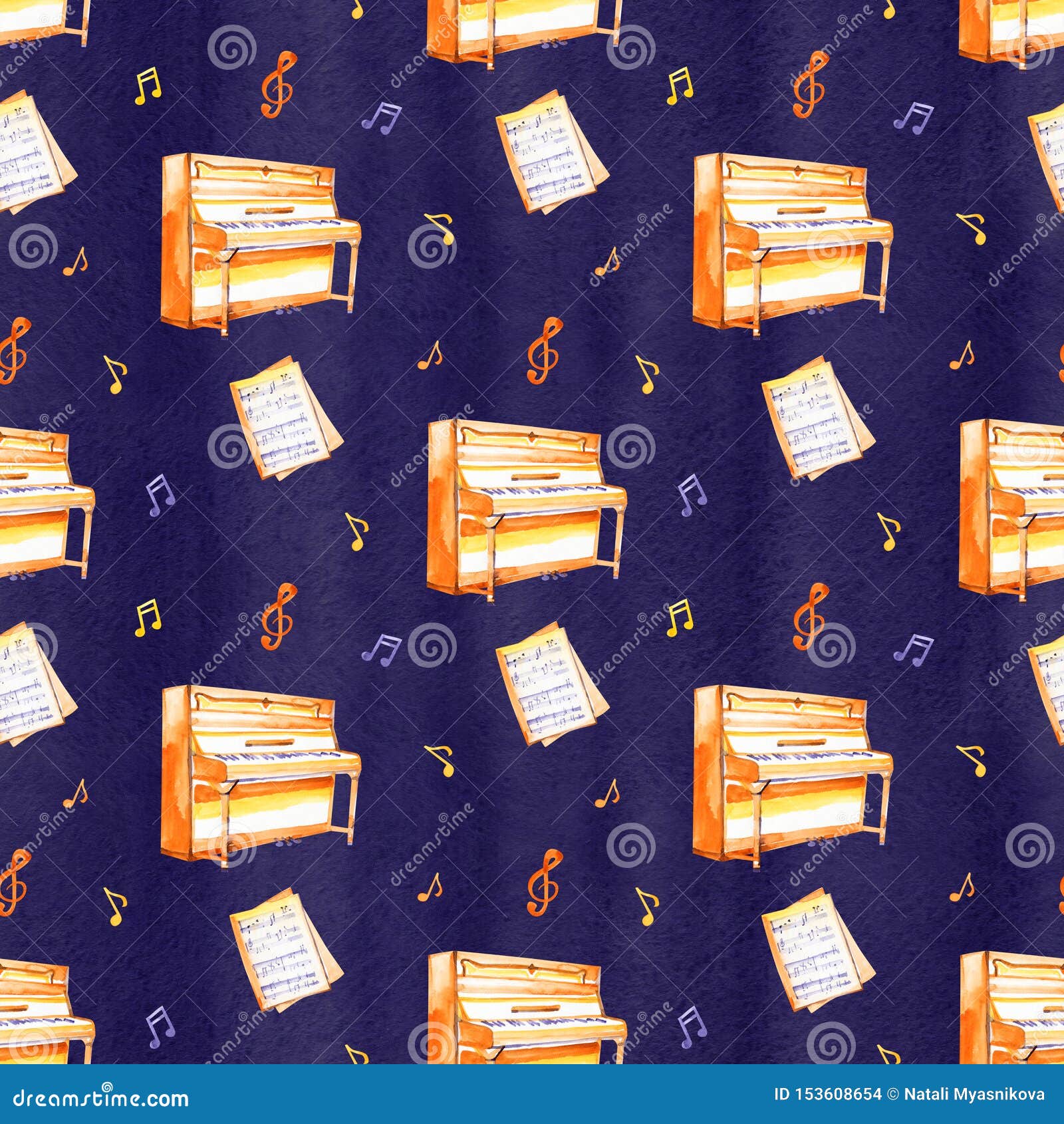 Seamless Pattern with Blue Musical Notes and Signs. Hand Drawn Bright ...