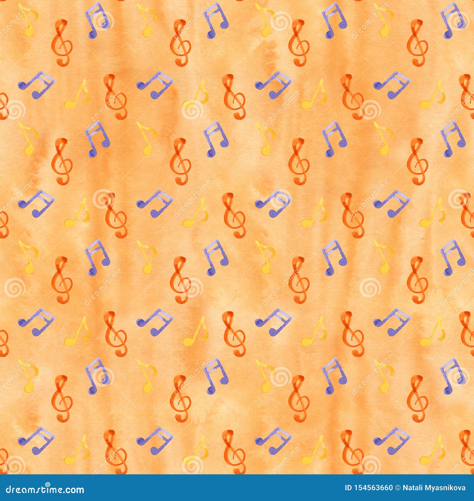 Seamless Pattern with Blue Musical Notes and Signs. Hand Drawn Bright ...