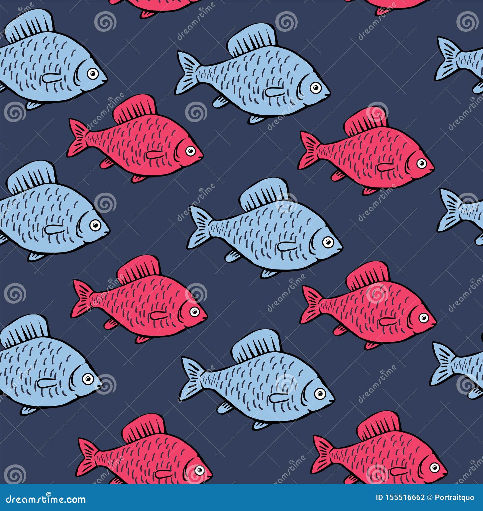 Seamless Pattern With Blue And Pink Fish On Blue Background. Cartoon ...