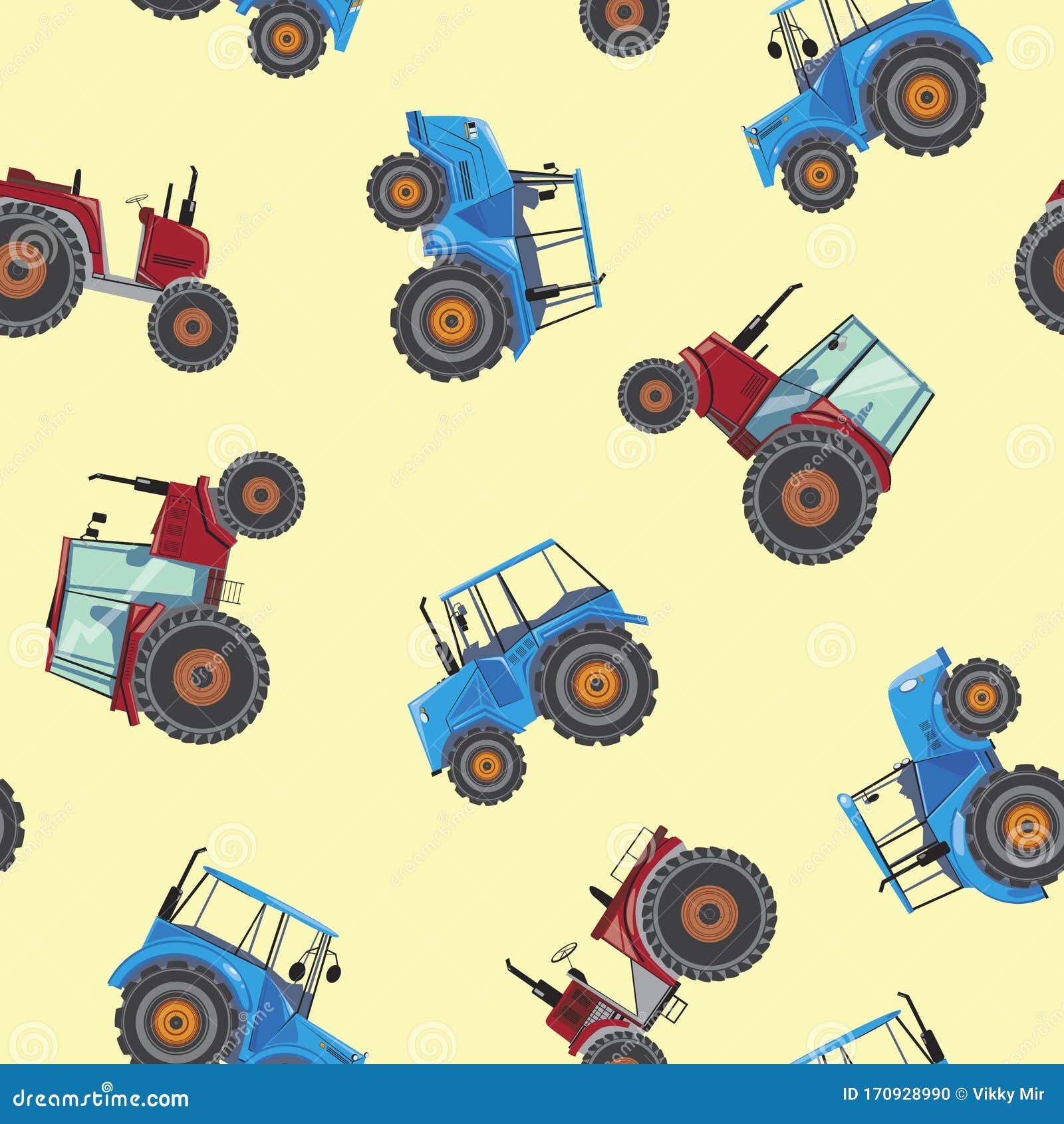 A Seamless Pattern with Blue and Red Tractors for Printing, a Vector ...