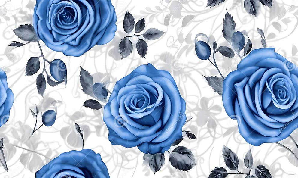 Seamless Pattern with Blue Roses on White Background. Vector ...