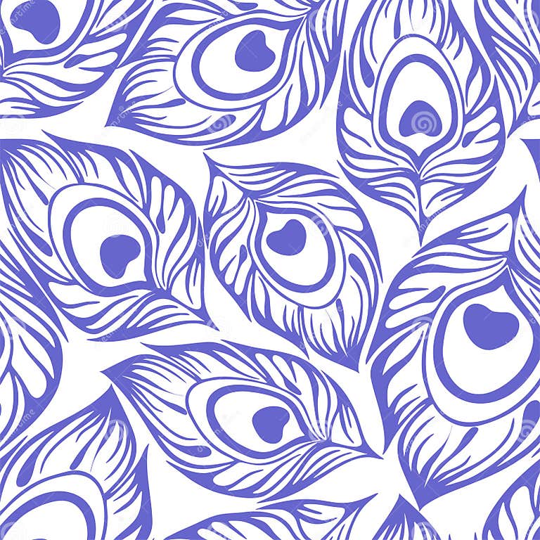 Seamless Pattern Of Blue Stylized Peacock Feathers On A White