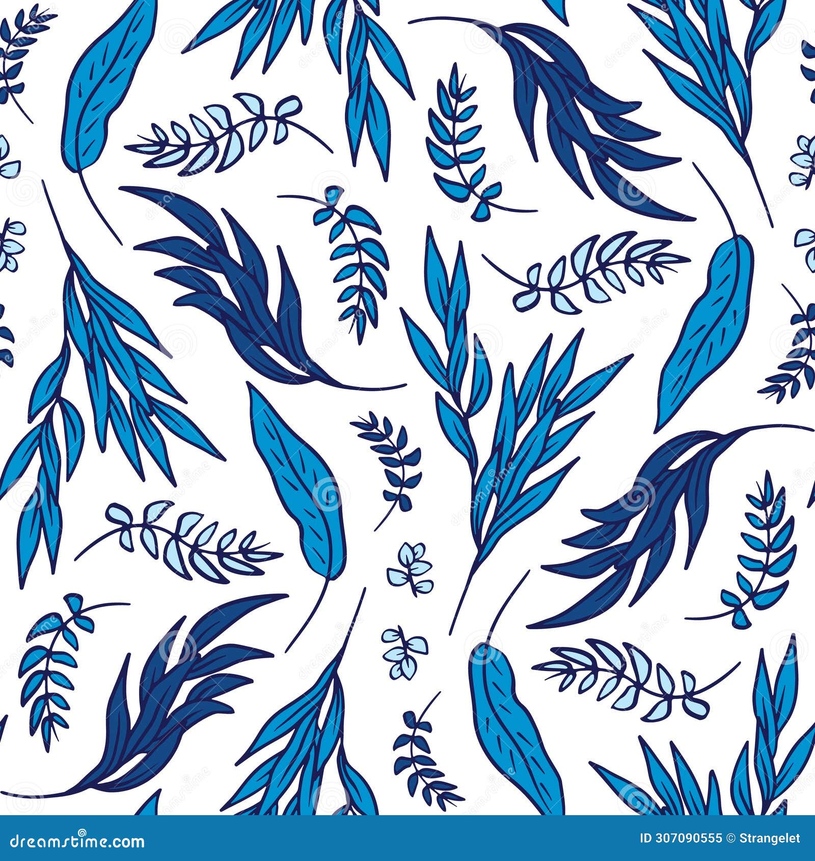 Seamless Pattern with Blue Tropical Leaves on White Background Stock ...