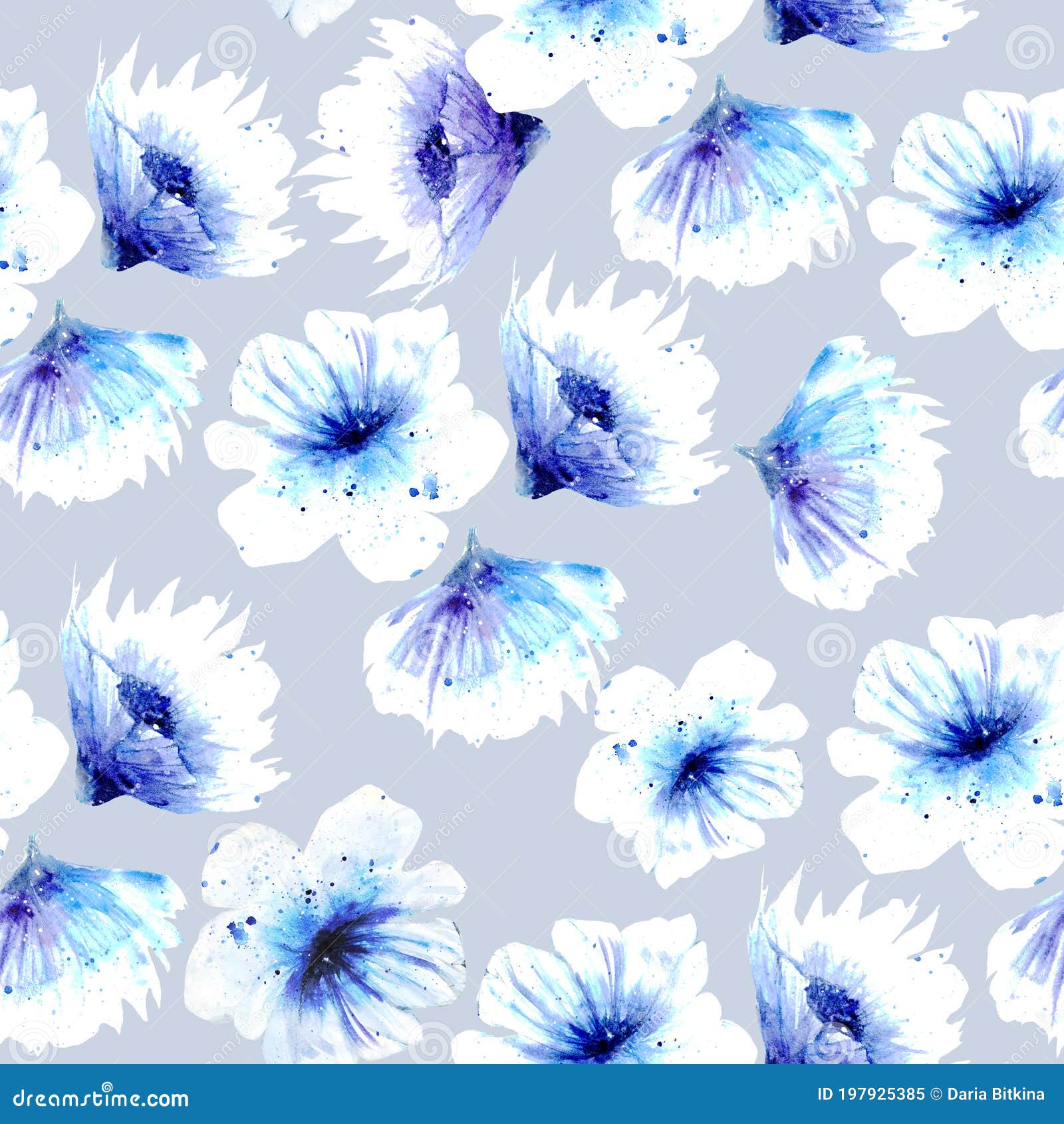 Seamless Pattern Blue Watercolor Flowers Stock Illustration ...