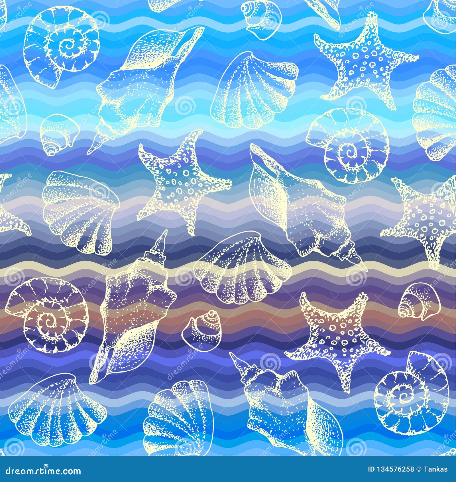 Blue Waves Pattern and Hand Draw in Marine Style. Stock Vector ...