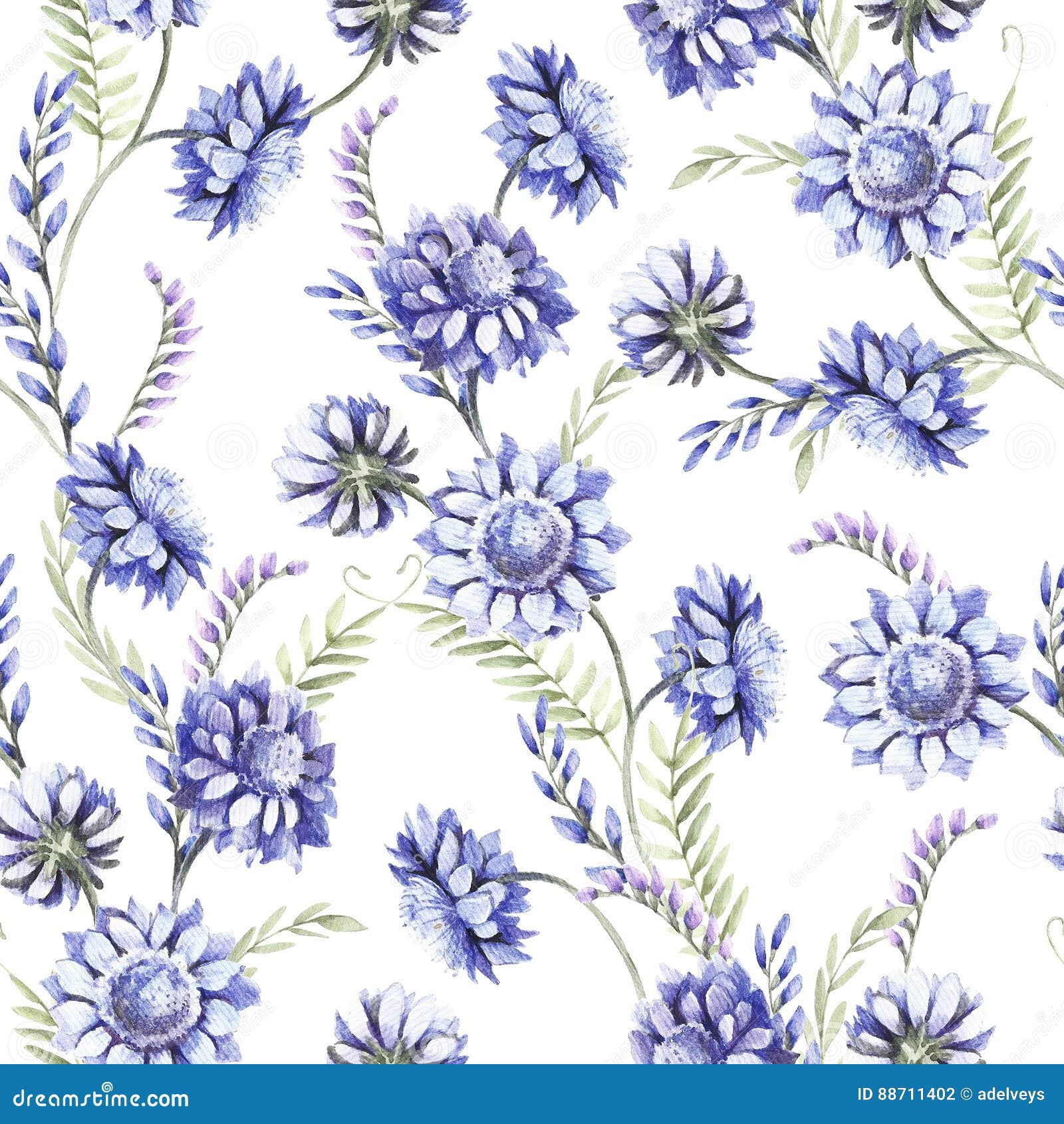 Seamless Pattern with Blue Wildflowers. Watercolor Illustration Stock ...