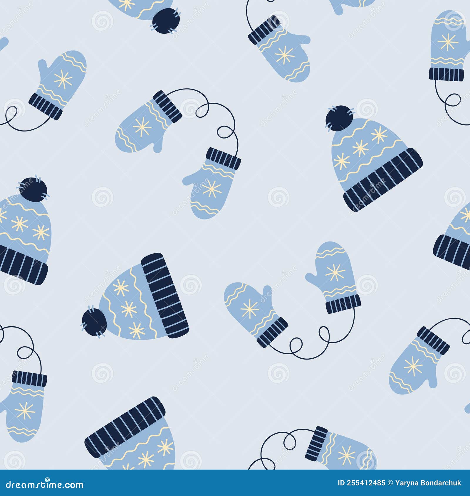 Seamless Pattern of Blue Winter Hat and Mittens. Winter Elements on ...