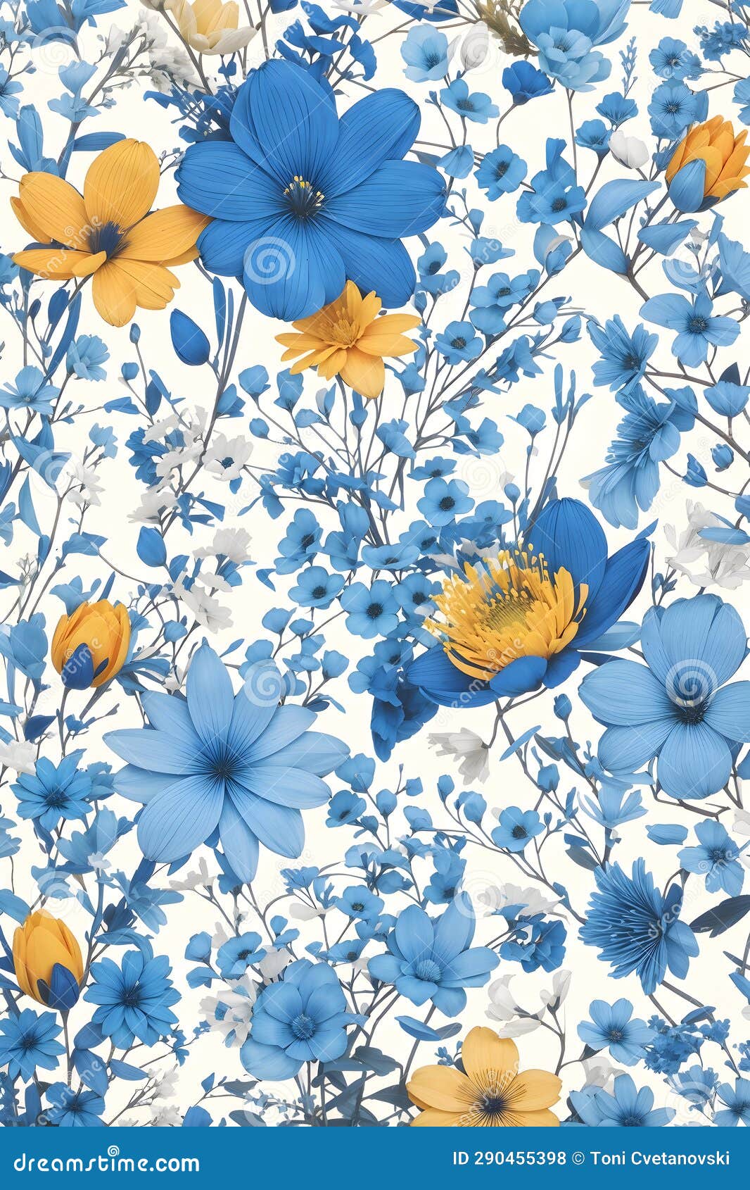 Seamless Pattern with Blue and Yellow Flowers on a White Background ...